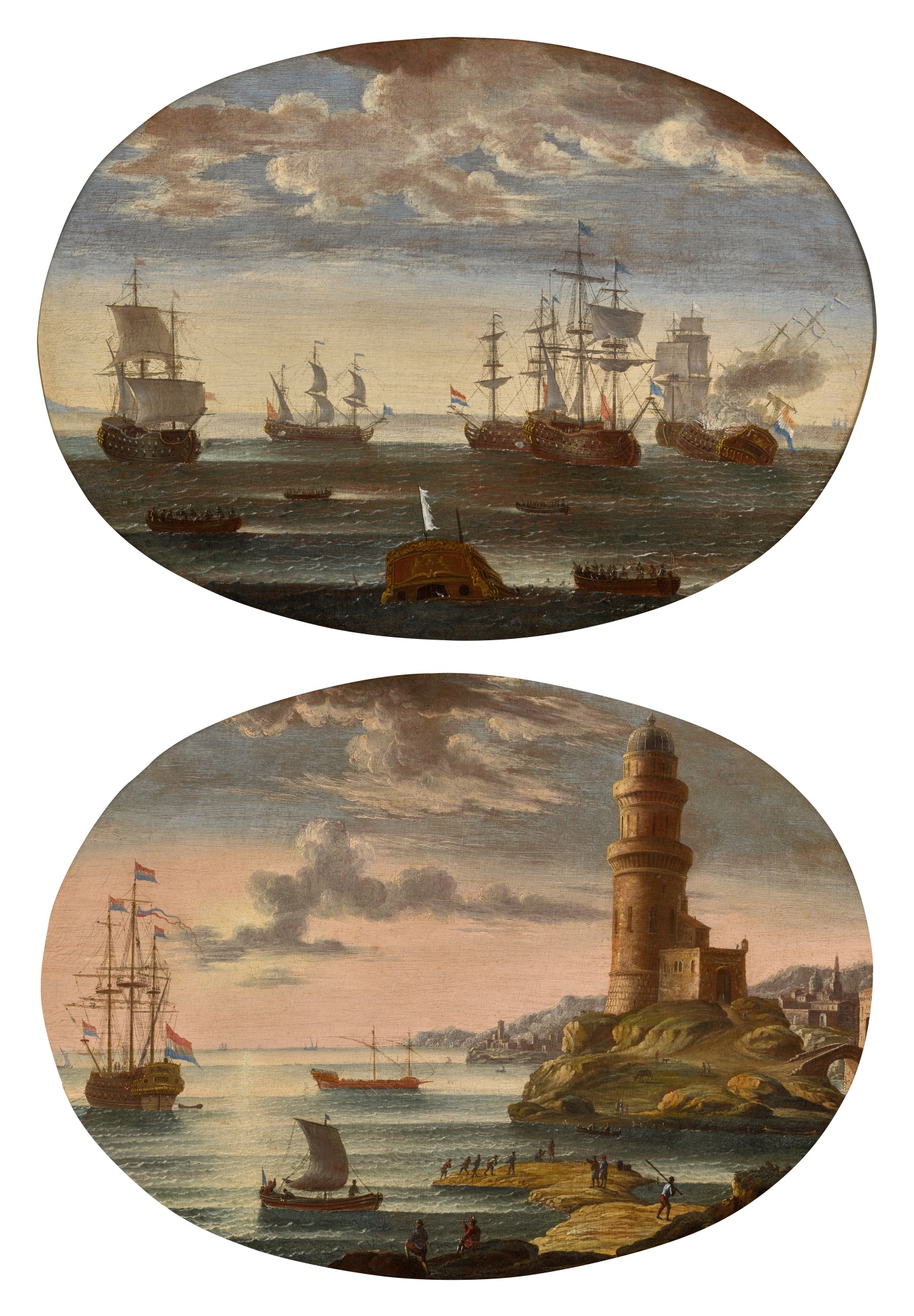 A pair of Mediterranean seascapes: a capriccio of a coastal view; and a ...