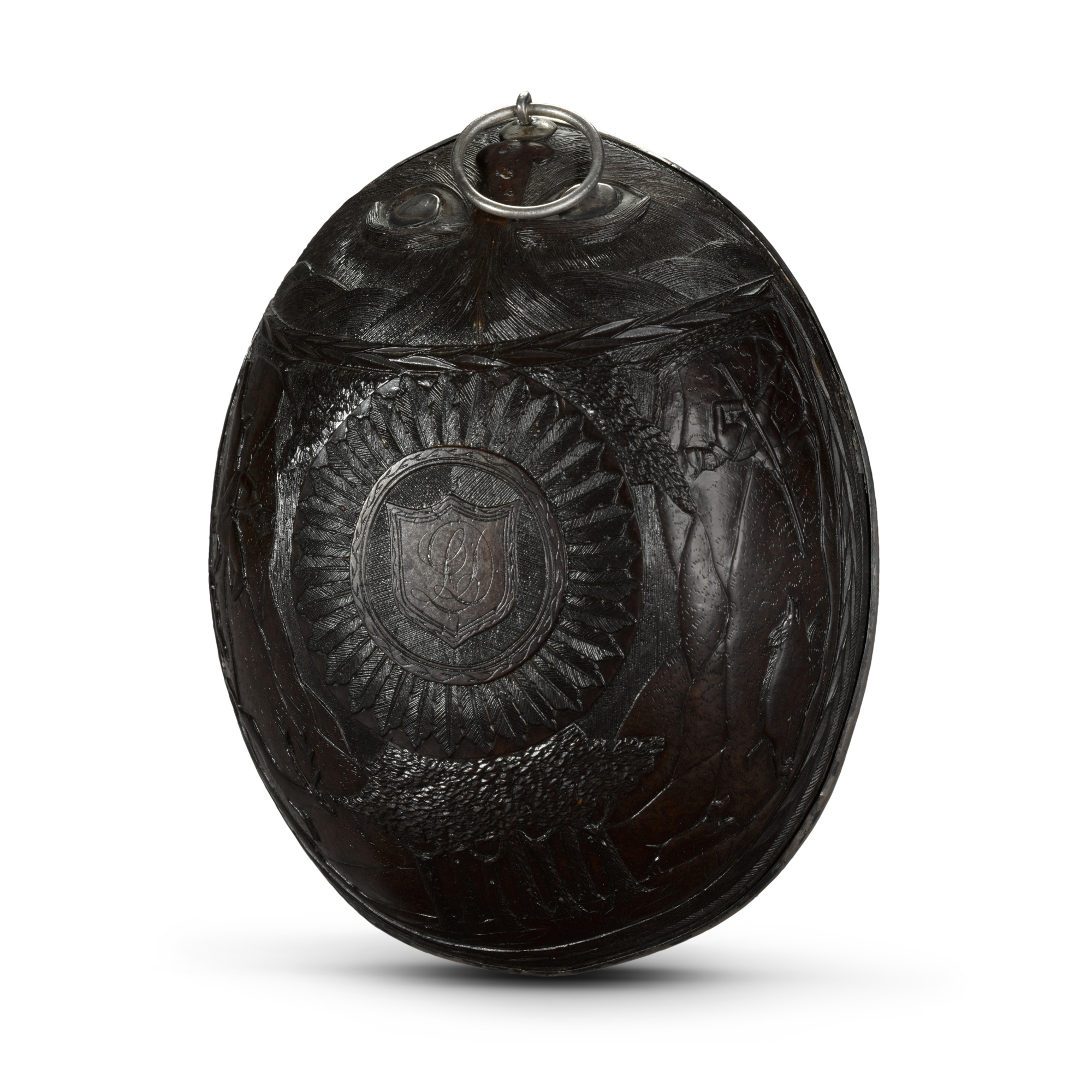 A French colonial silver mounted carved coconut 'bugbear' taste vin ...