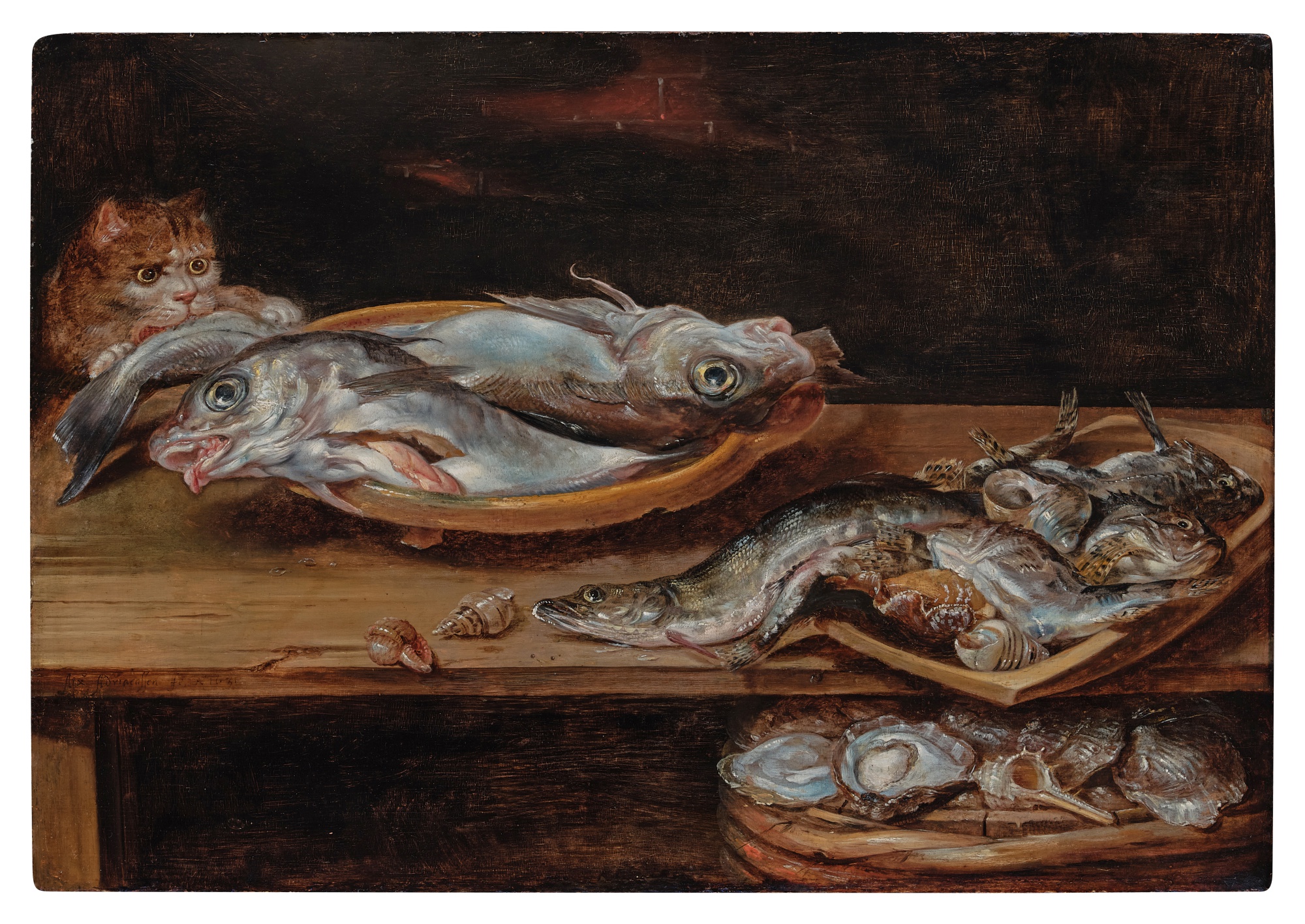 Still life with fish, oysters, shells, and a thieving cat on a wooden ...