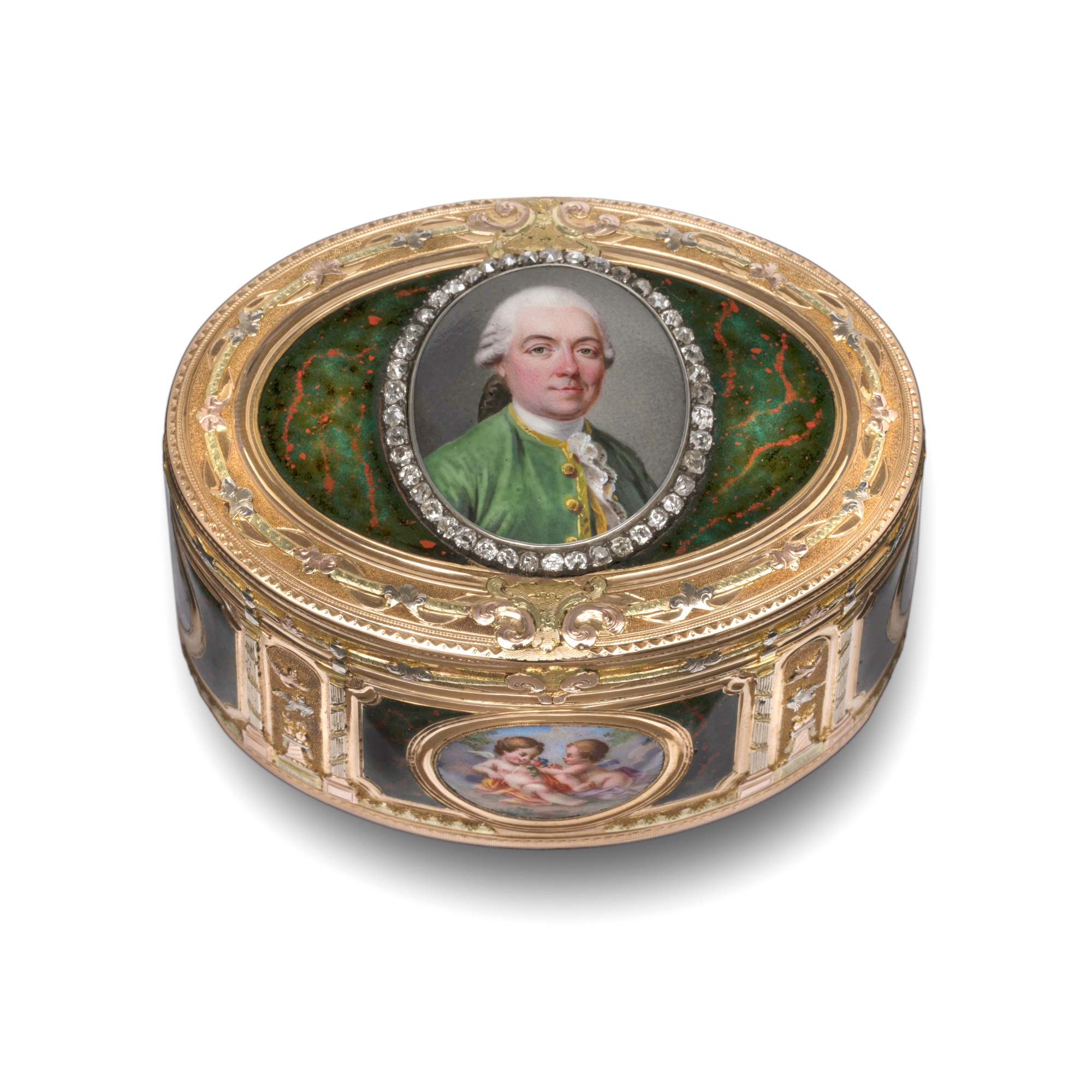 A jewelled three-colour gold and enamel snuff box, probably Geneva ...