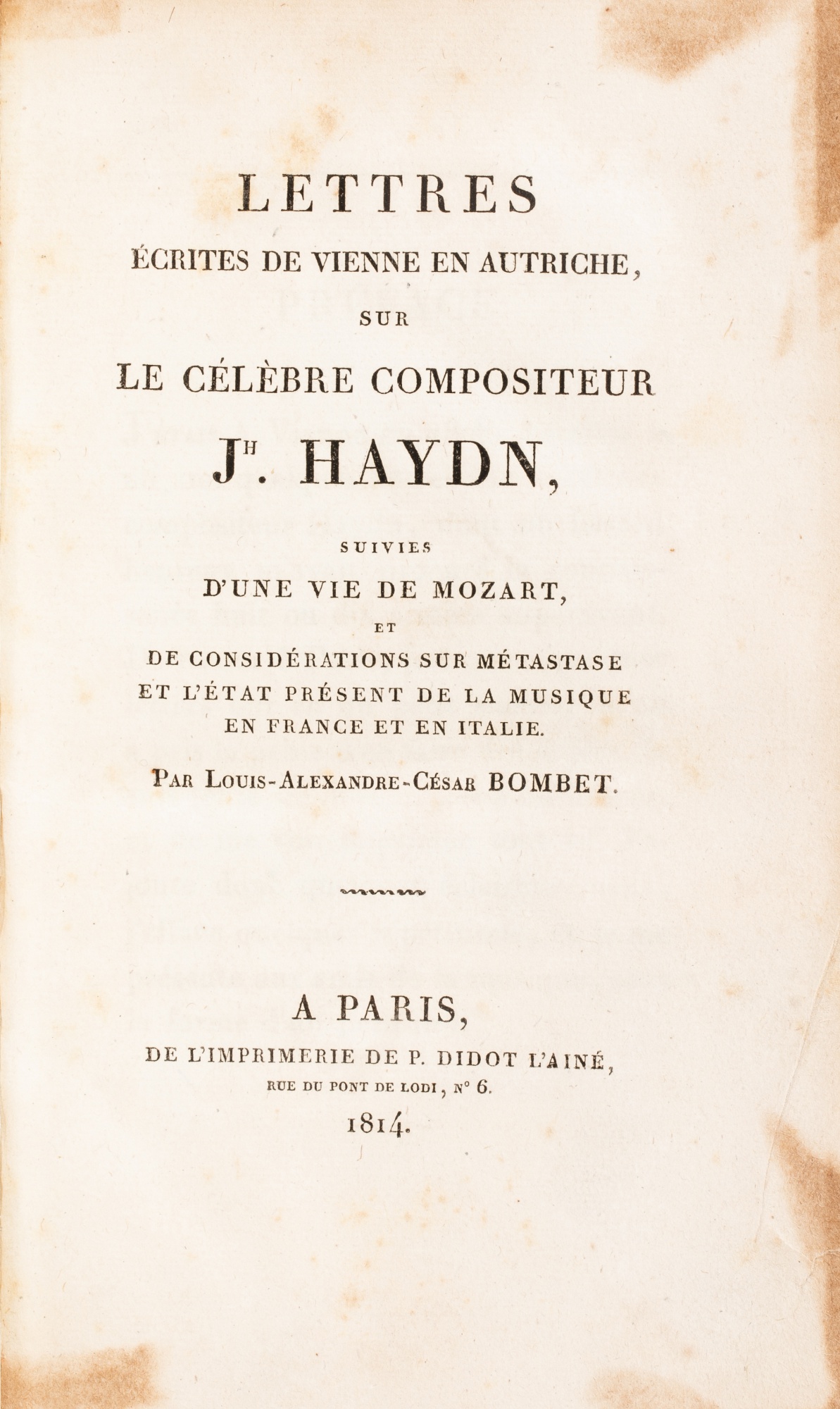 Lettres écrites de Vienne [...] sur Haydn. 1814. Édition originale en ...