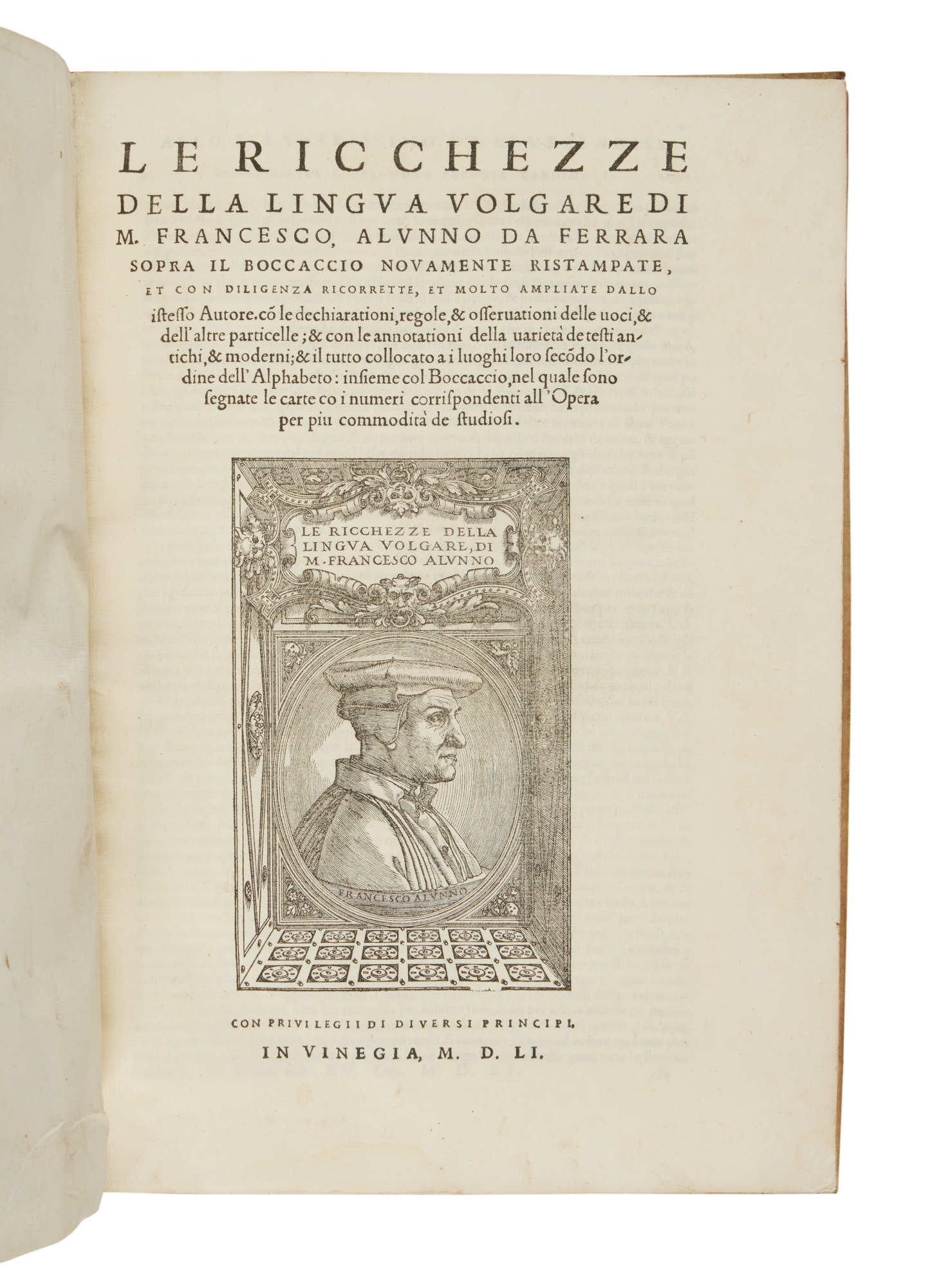 Alunno, Le ricchezze della lingua volgare, Venice, Aldus, 1551, limp ...