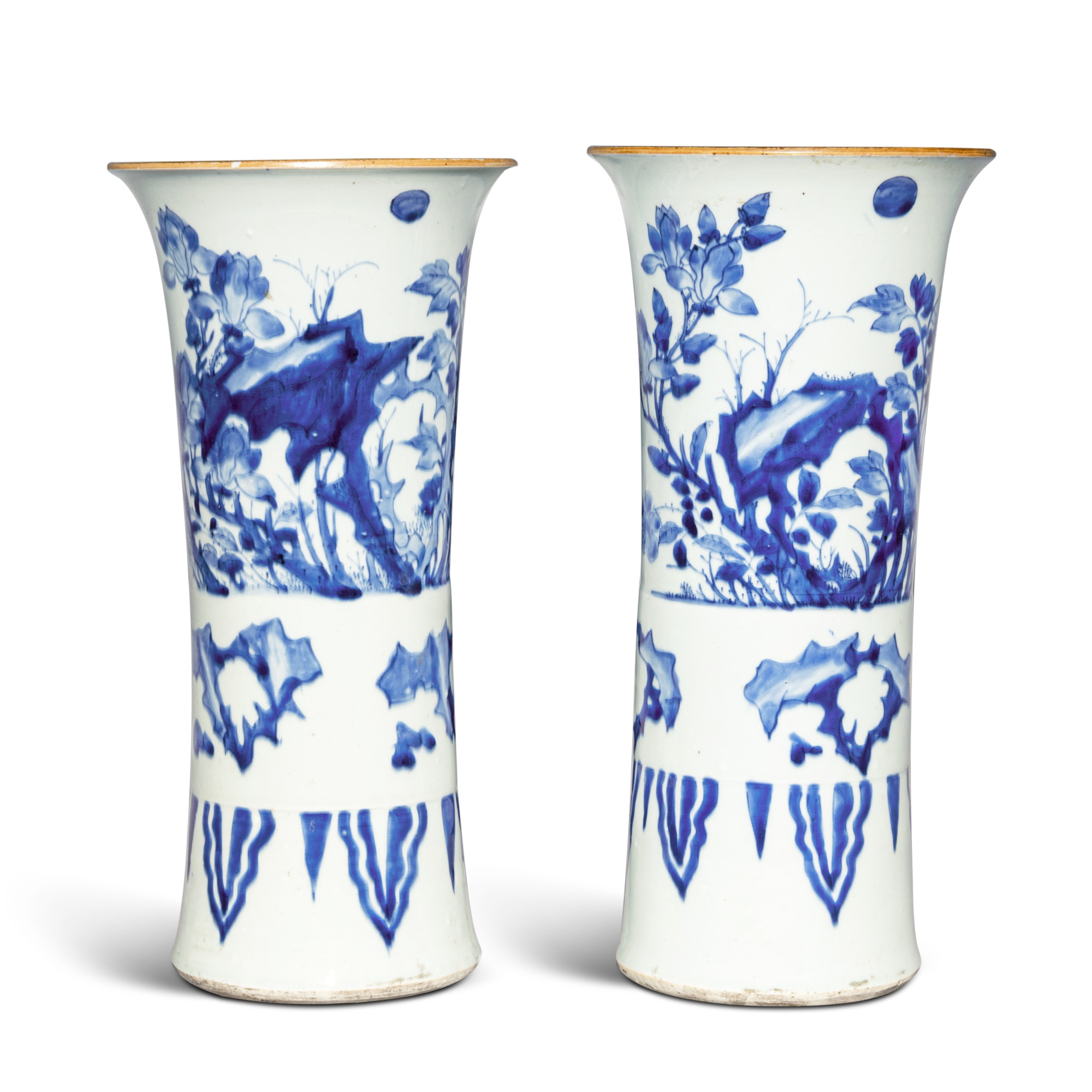 A pair of blue and white 'birds and flowers' beaker vases, Qing dynasty ...