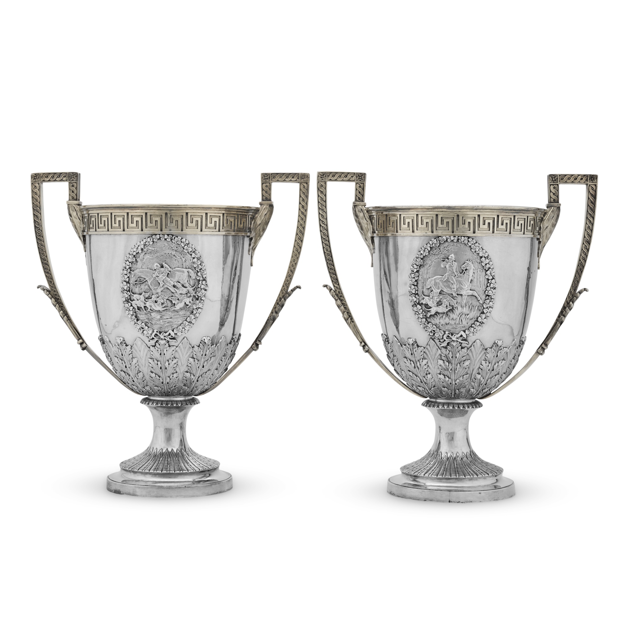 A large pair of Victorian parcel-gilt silver fox hunting presentation ...