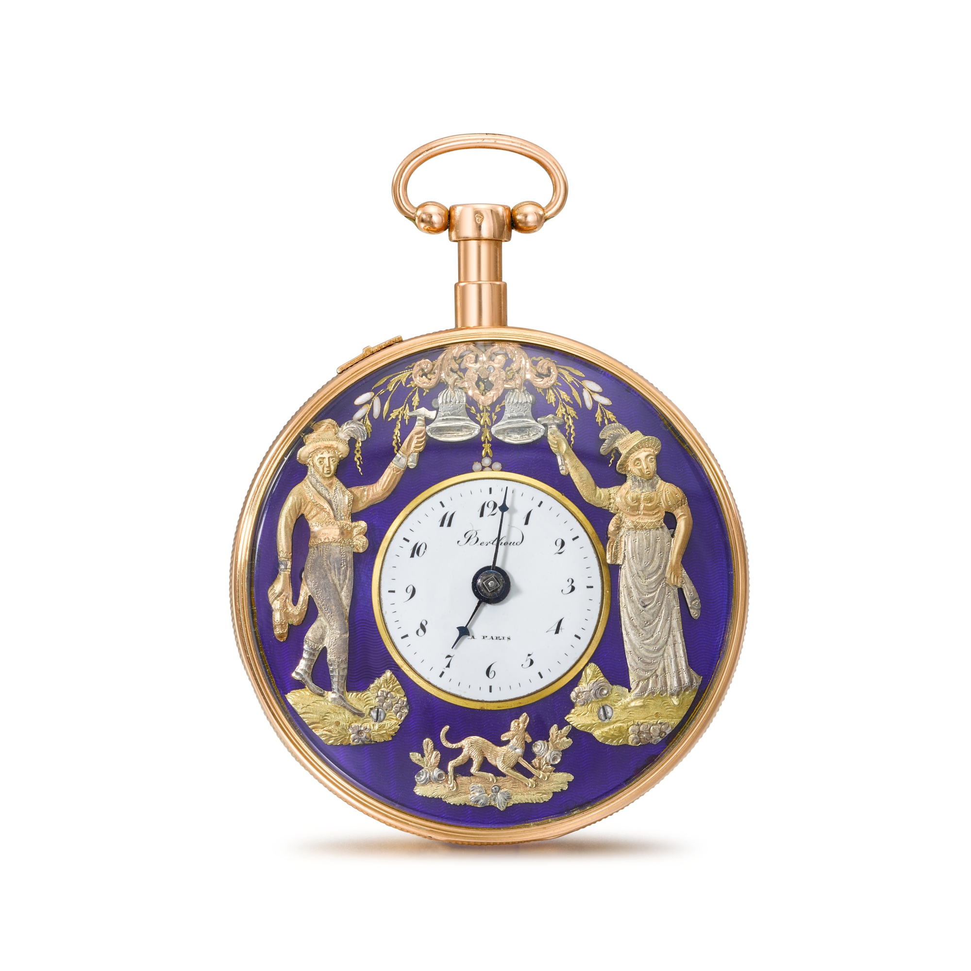 A gold and enamel quarter repeating automaton watch with jacquemarts ...