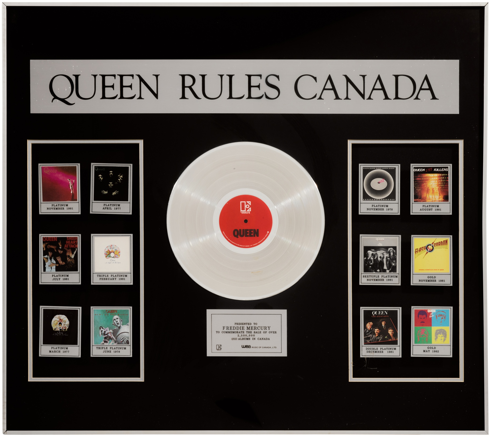 Queen - Freddie Mercury's commemorative Canadian in-house sales award ...