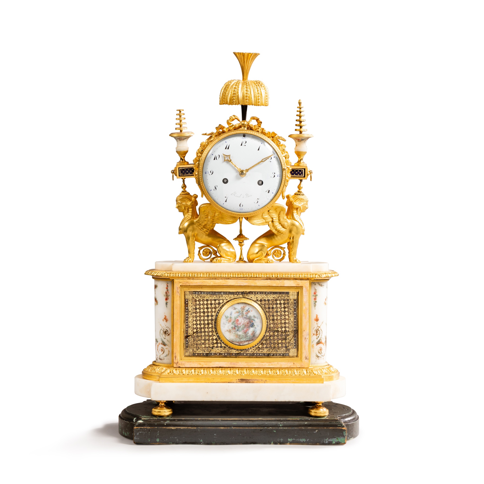 A late Louis XVI gilt-bronze, painted marble, enamel and verre églomisé ...
