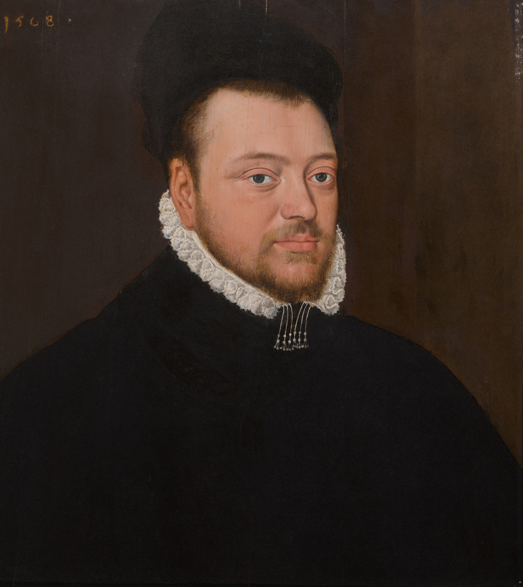Portrait of a man, half-length, in black costume with a white ruffled ...