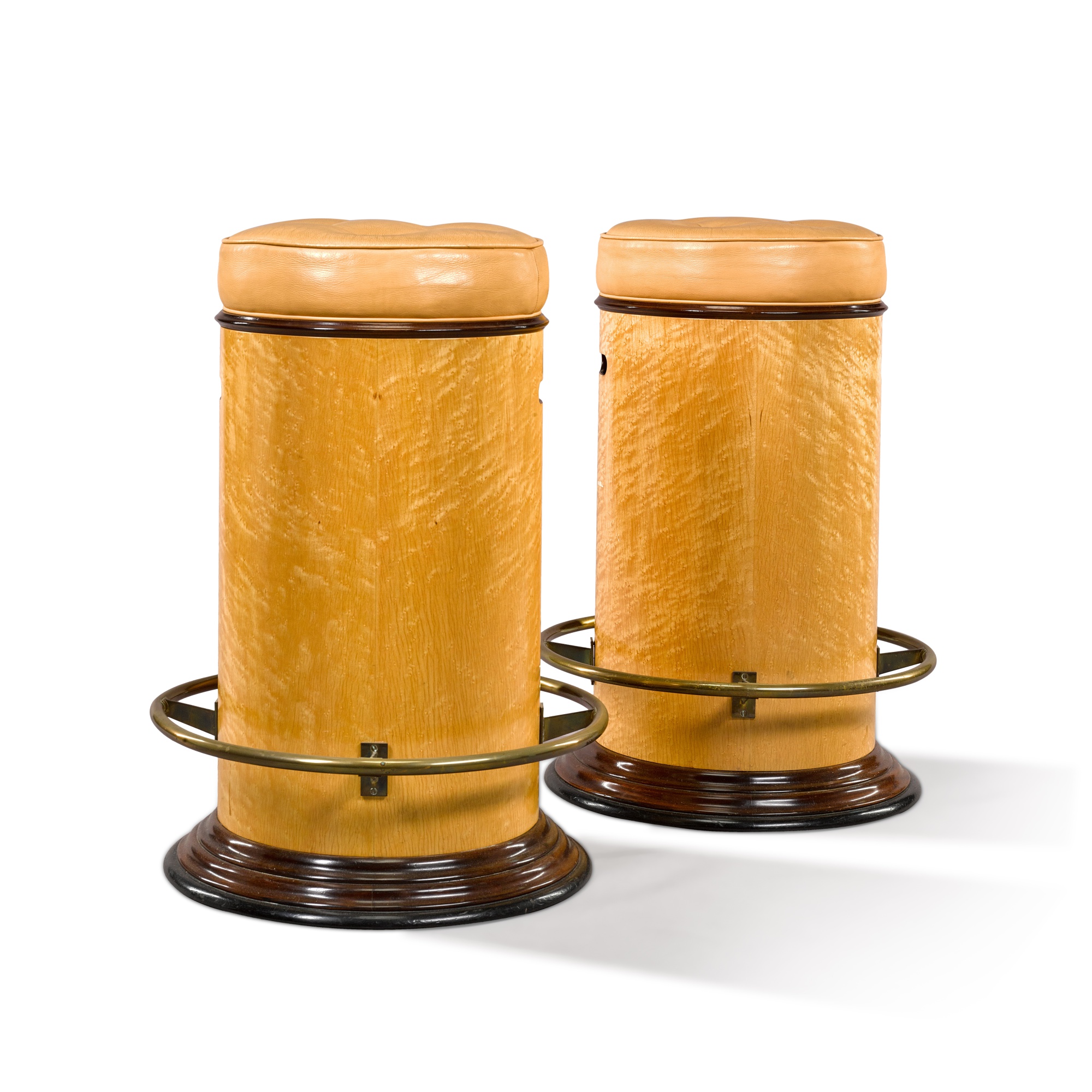 A pair of bird's eye maple and mahogany bar stools designed by Robin ...