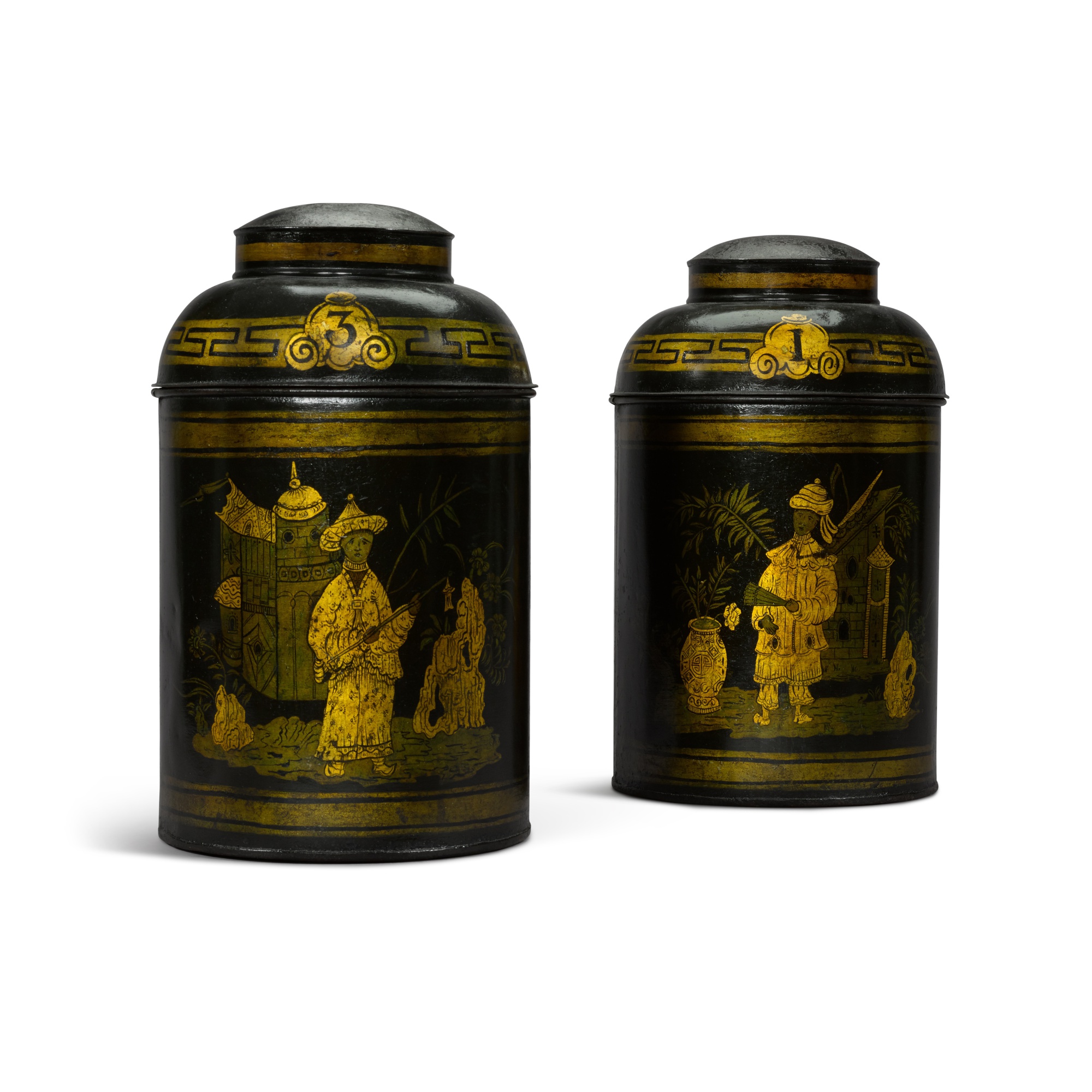 Two Regency cream and gilt painted tin coal bins together with a pair ...