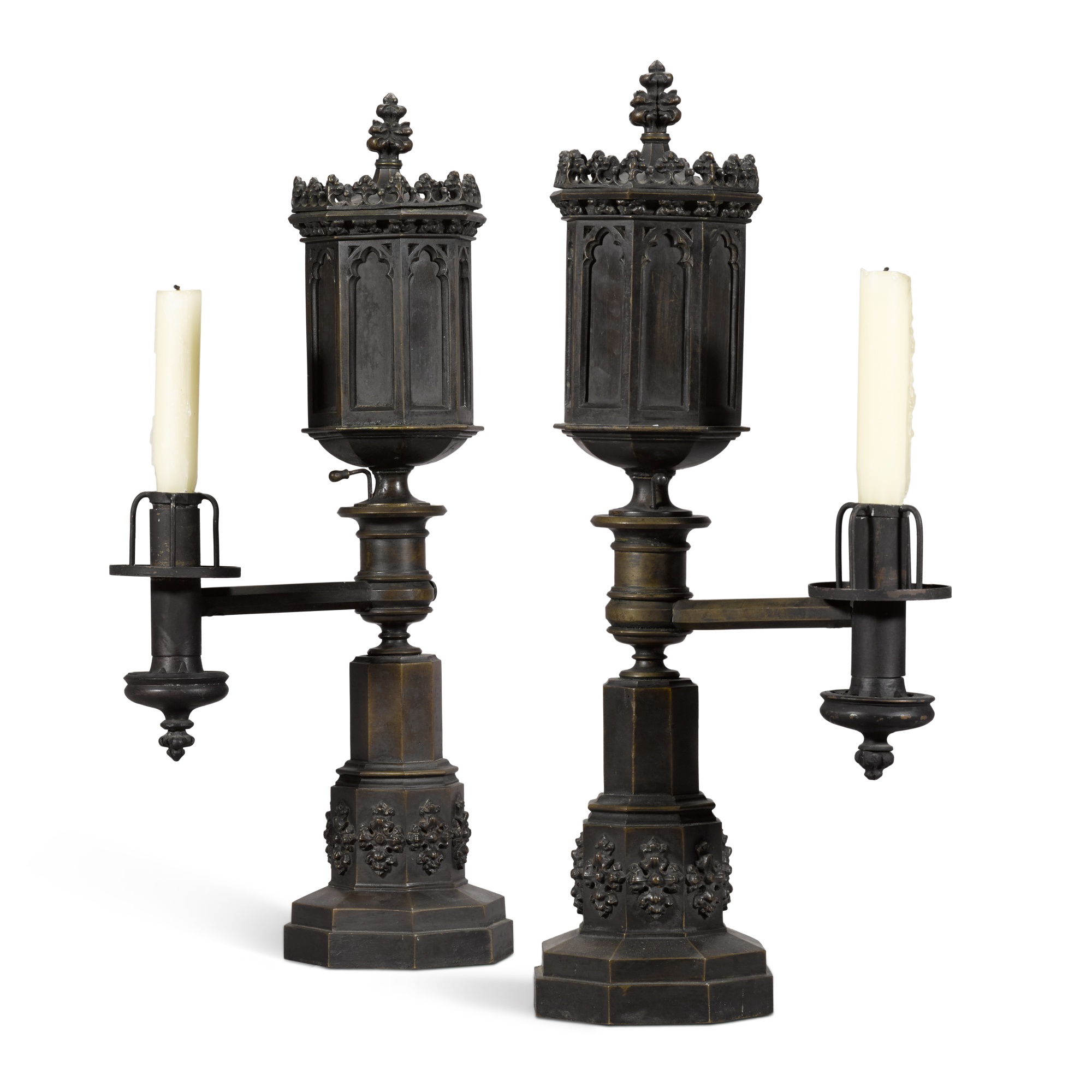 A pair of George IV Gothic revival patinated brass Argand lamps, circa ...