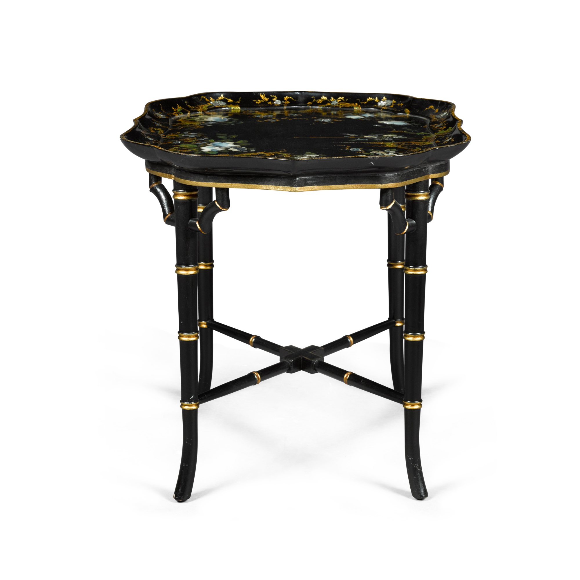 A Victorian papier-mâché tray on later stand, second half 19th century ...