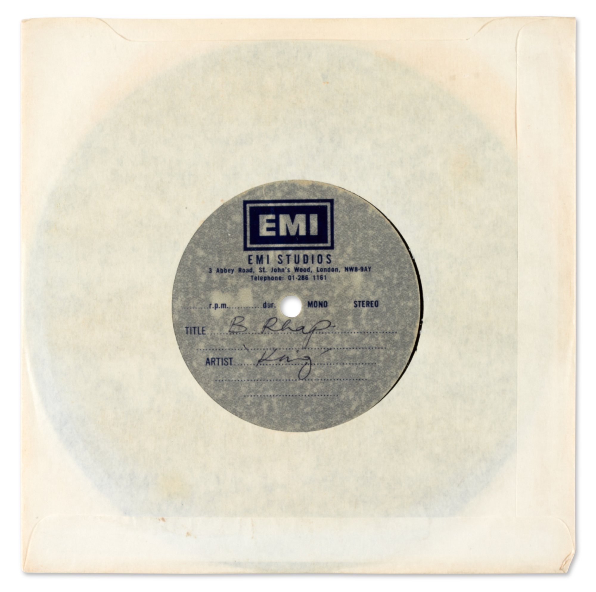 Queen | 'Bohemian Rhapsody', 7 inch acetate, EMI Studios, 1975 ...