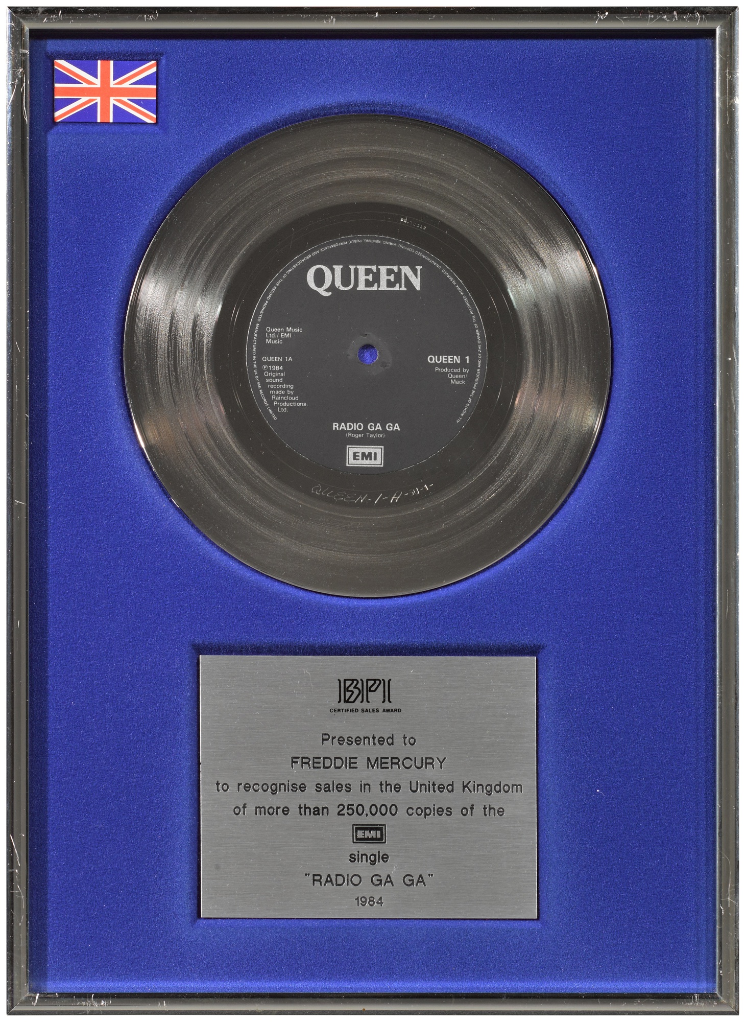 Queen – Freddie Mercury’s BPI Sales Award For ‘Radio Ga Ga’, 1984 ...