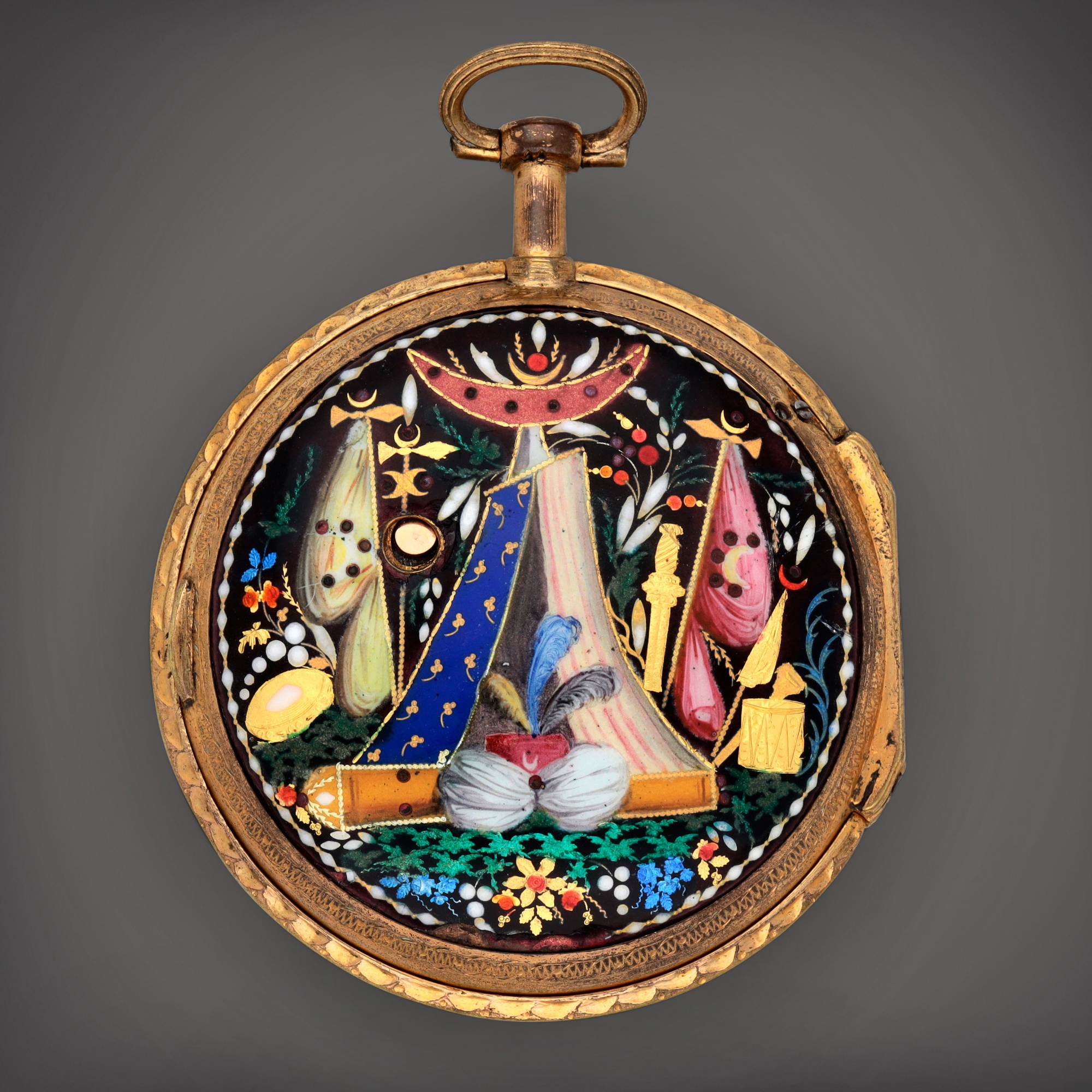 A gilt brass polychrome enameled open face watch, key wind with verge ...