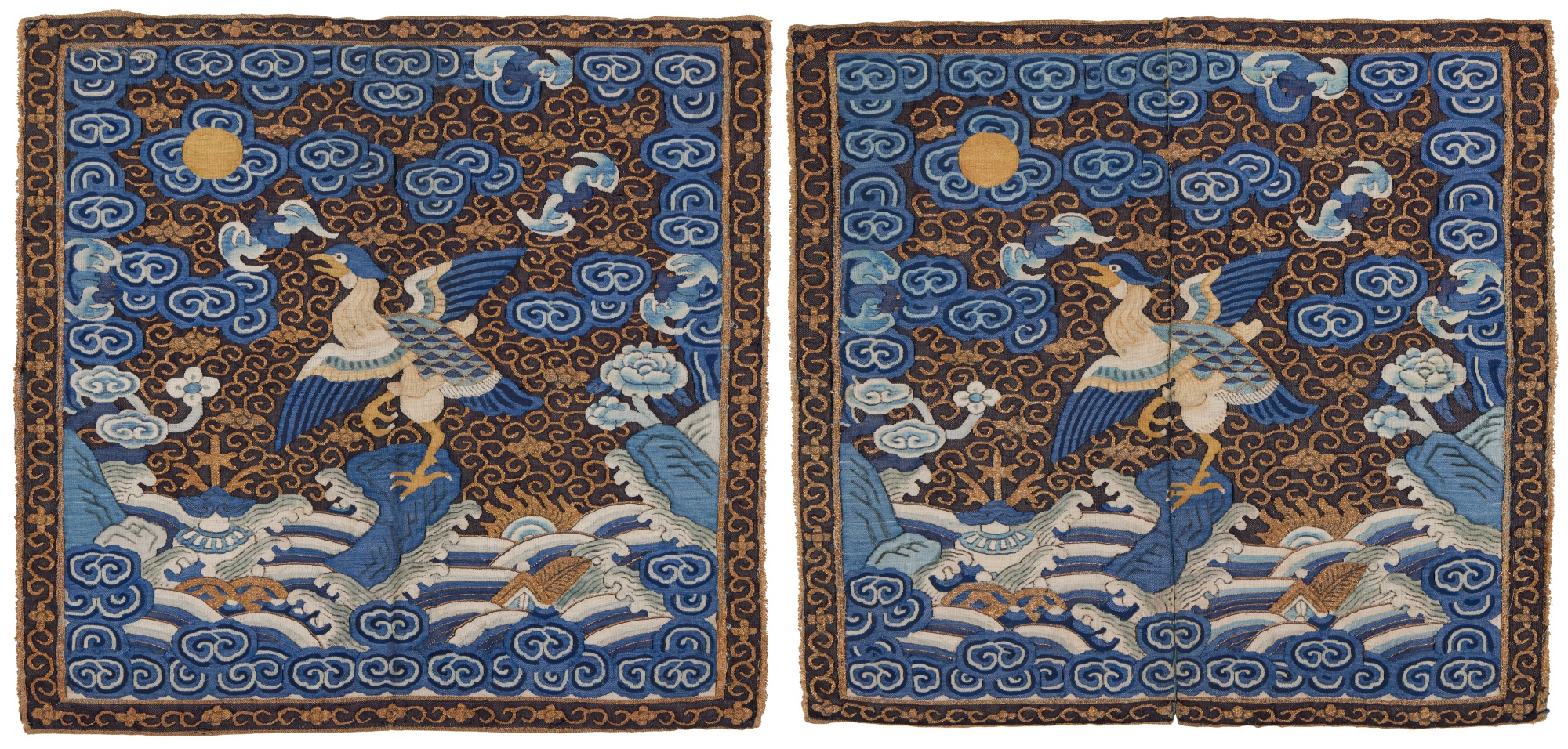 Two blue-ground silk woven 'mandarin duck' seventh civil rank badges ...