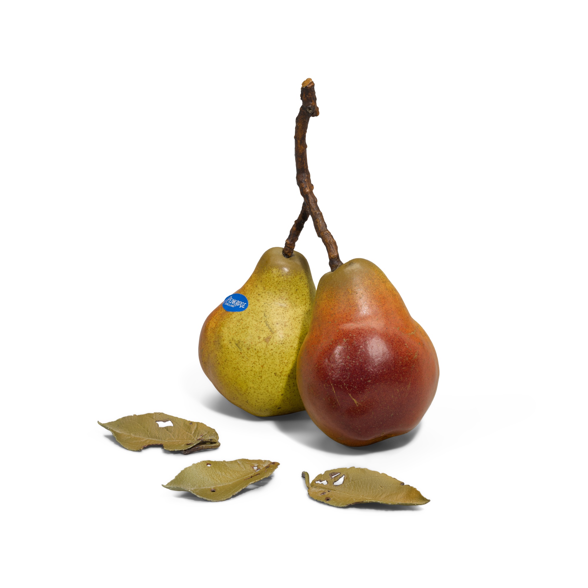 A ceramic and cold-painted metal model of pears on a stem by Penkridge ...