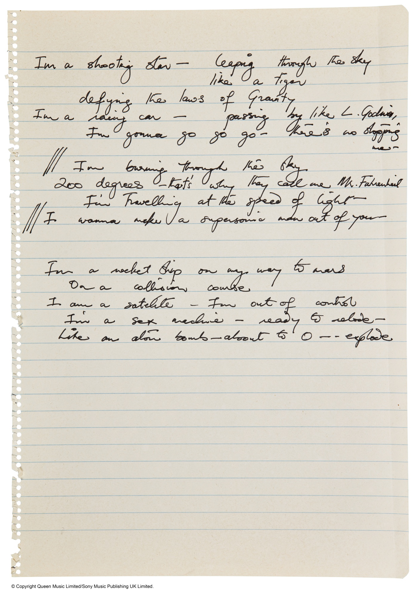Freddie Mercury | Autograph manuscript draft lyrics for 'Don't Stop Me ...