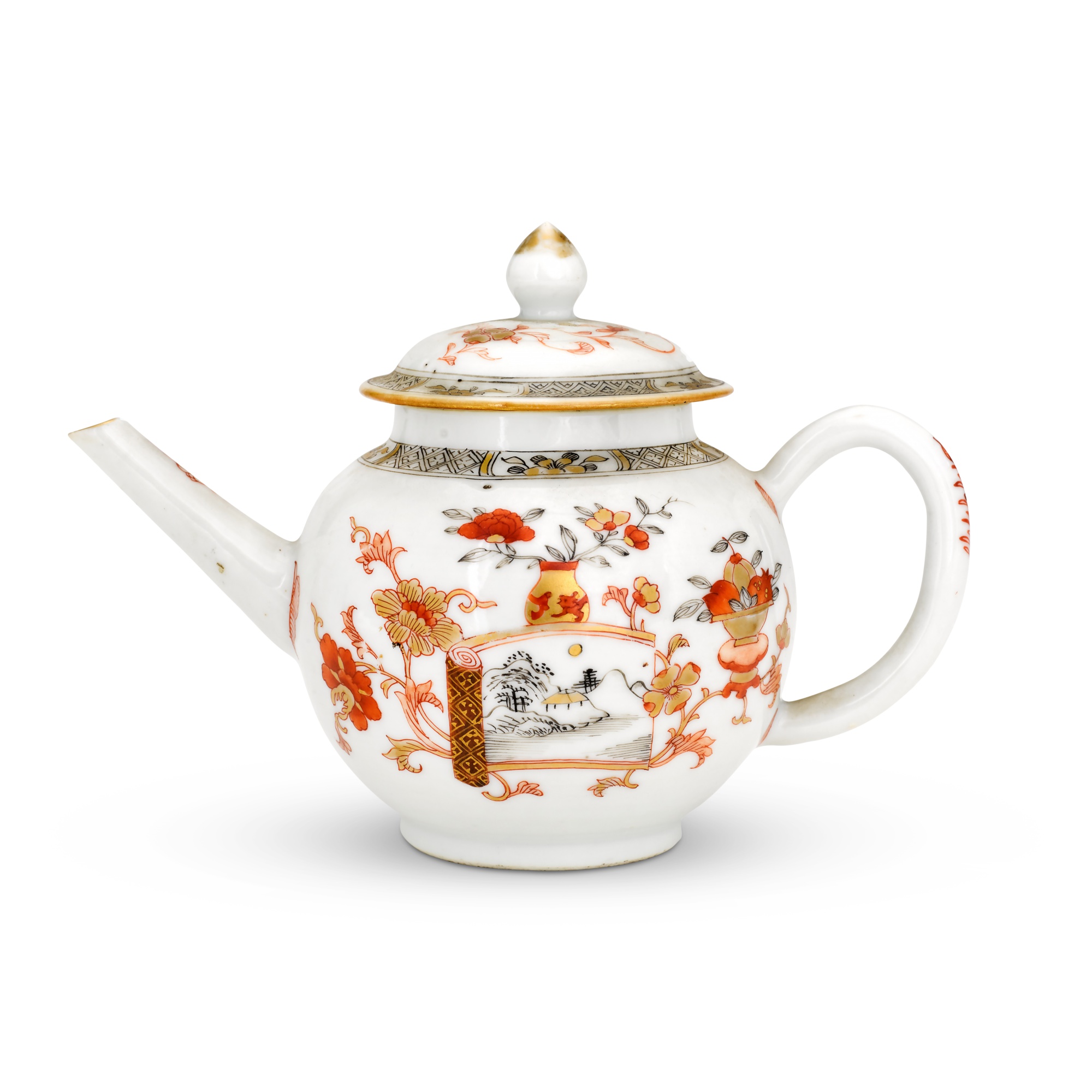 An underglaze-red and gilt-decorated 'quail' teapot and cover Qing ...