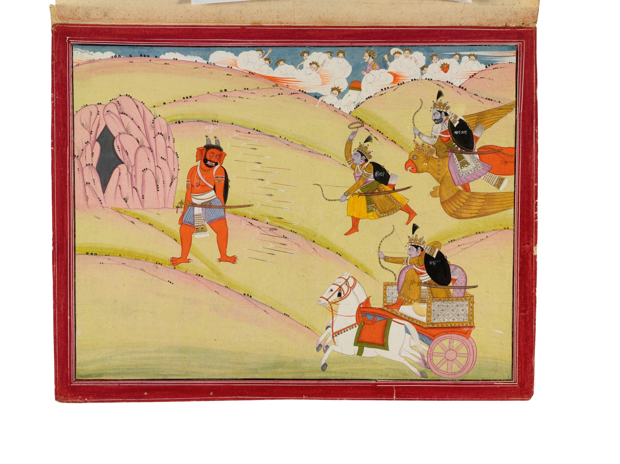 An illustration from the Harivamsa: Krishna, Arjuna and Pradyumna ...