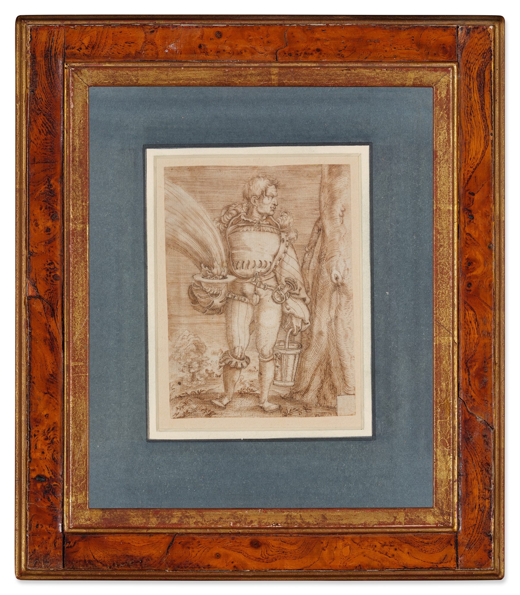 St. Florian holding a bucket of water and a friary bowl in a landscape ...