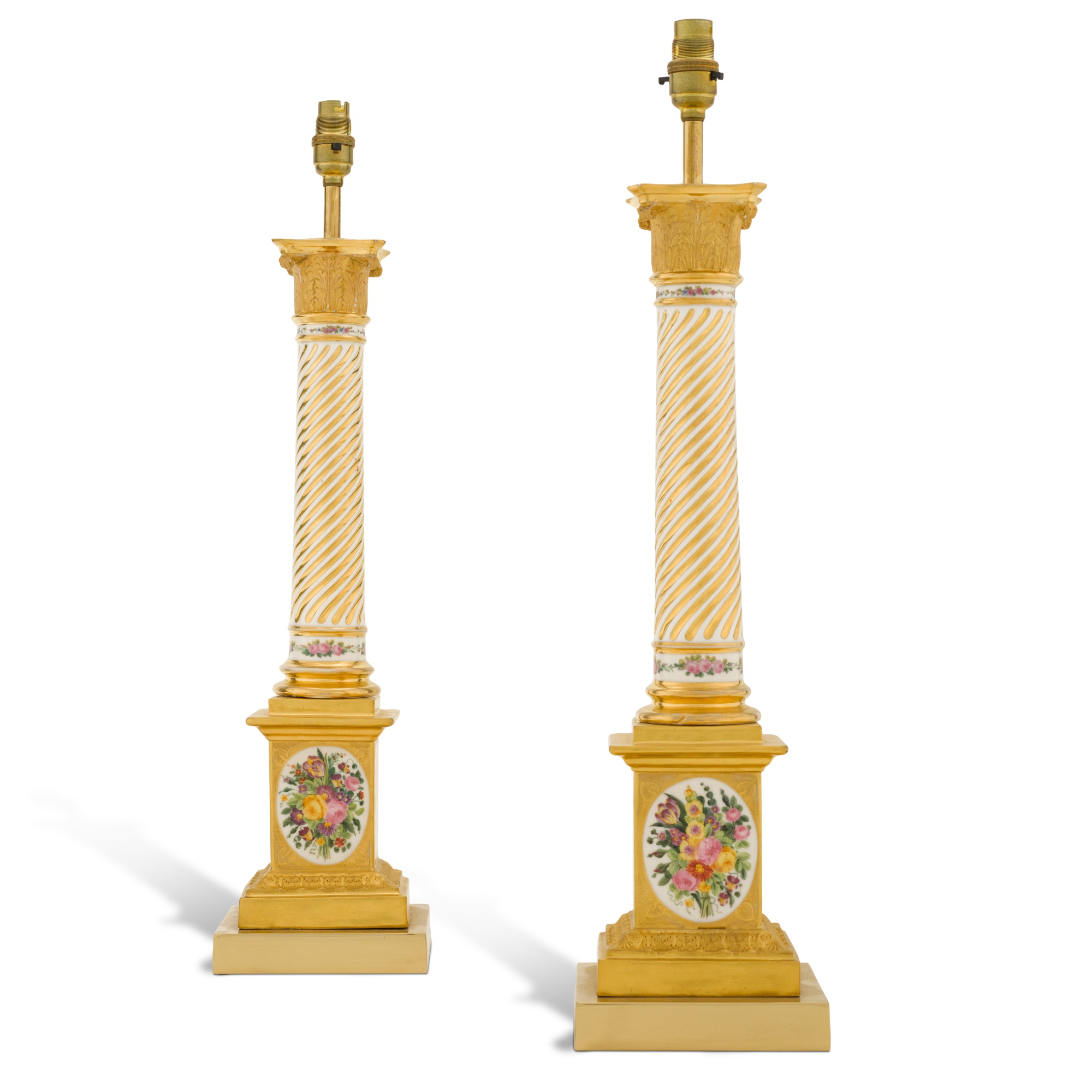 A pair of Paris gilt-metal mounted porcelain table lamps, the porcelain ...