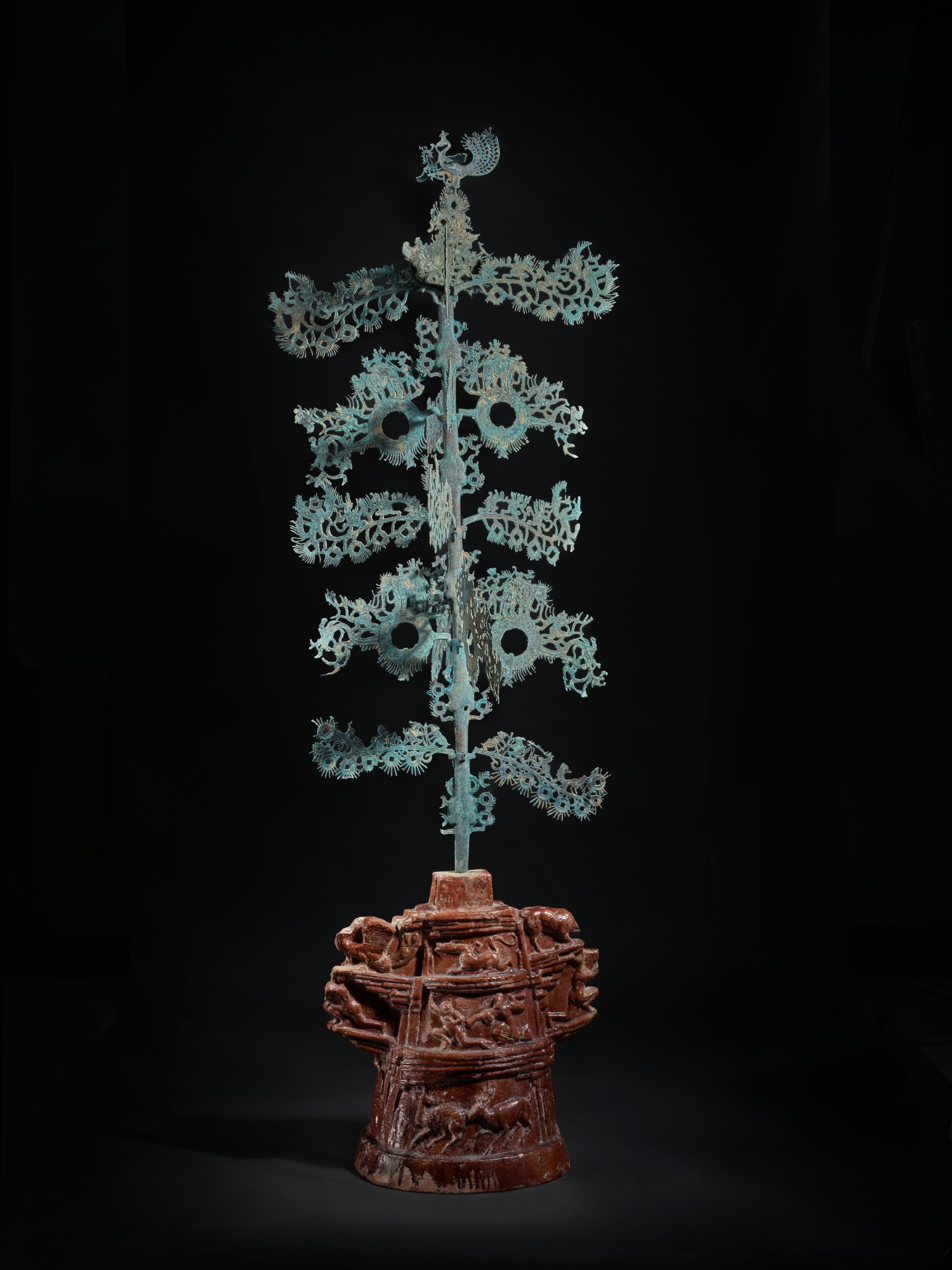 A rare large bronze and amber-glazed pottery 'money tree', Eastern Han ...