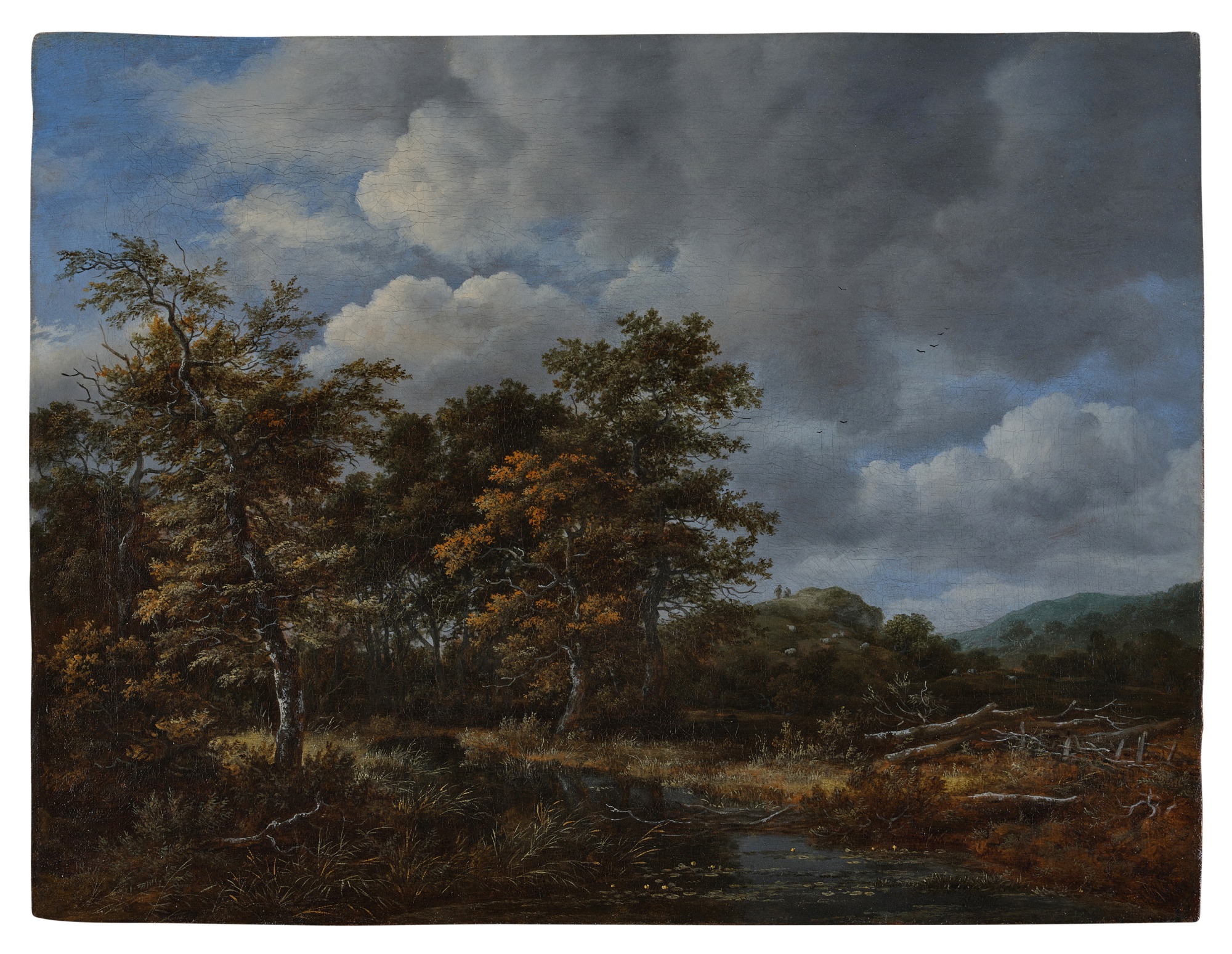 A wooded landscape with a quiet stream and a group of trees at left ...