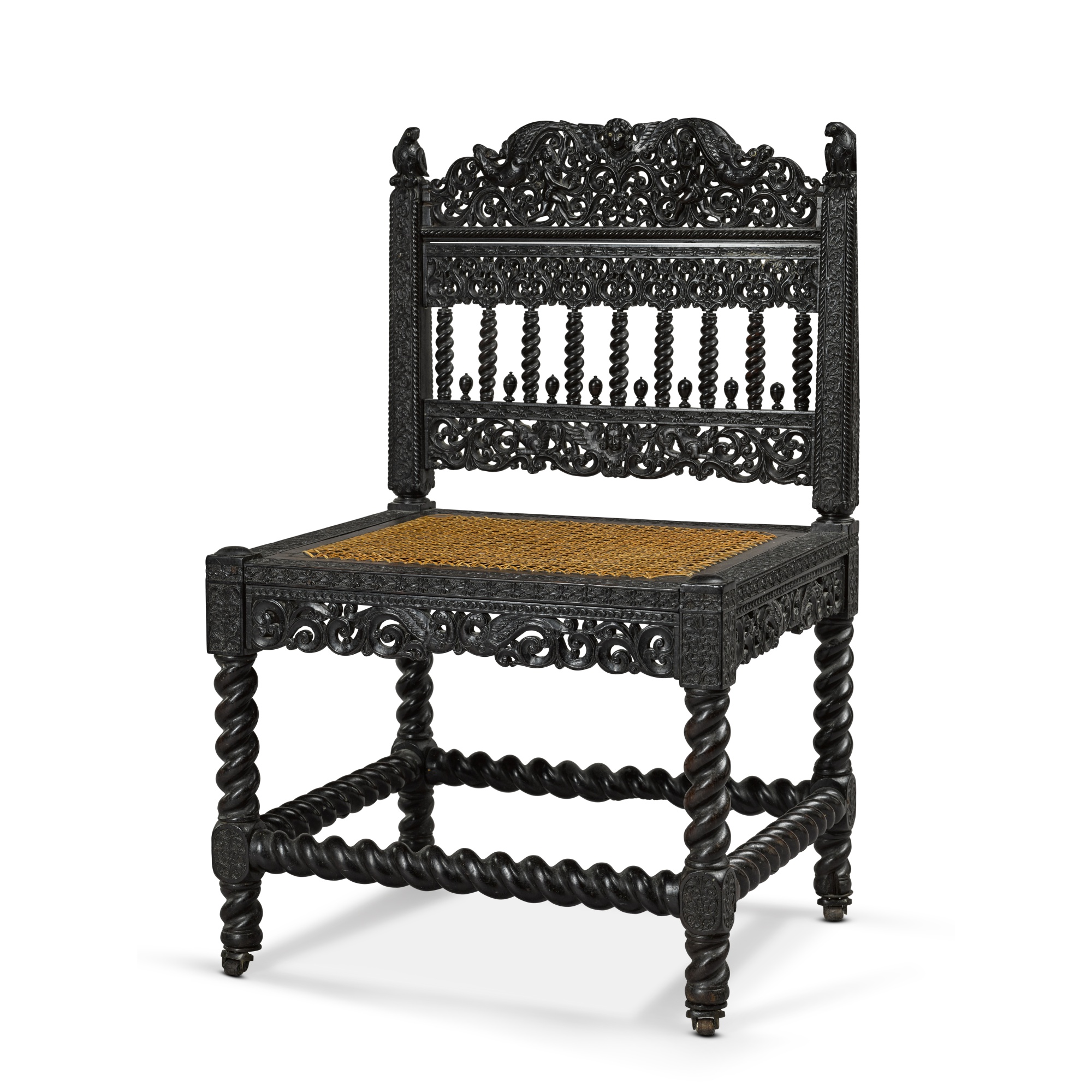 An Indo-Dutch ivory-inlaid carved ebony side chair, probably Coromandel ...