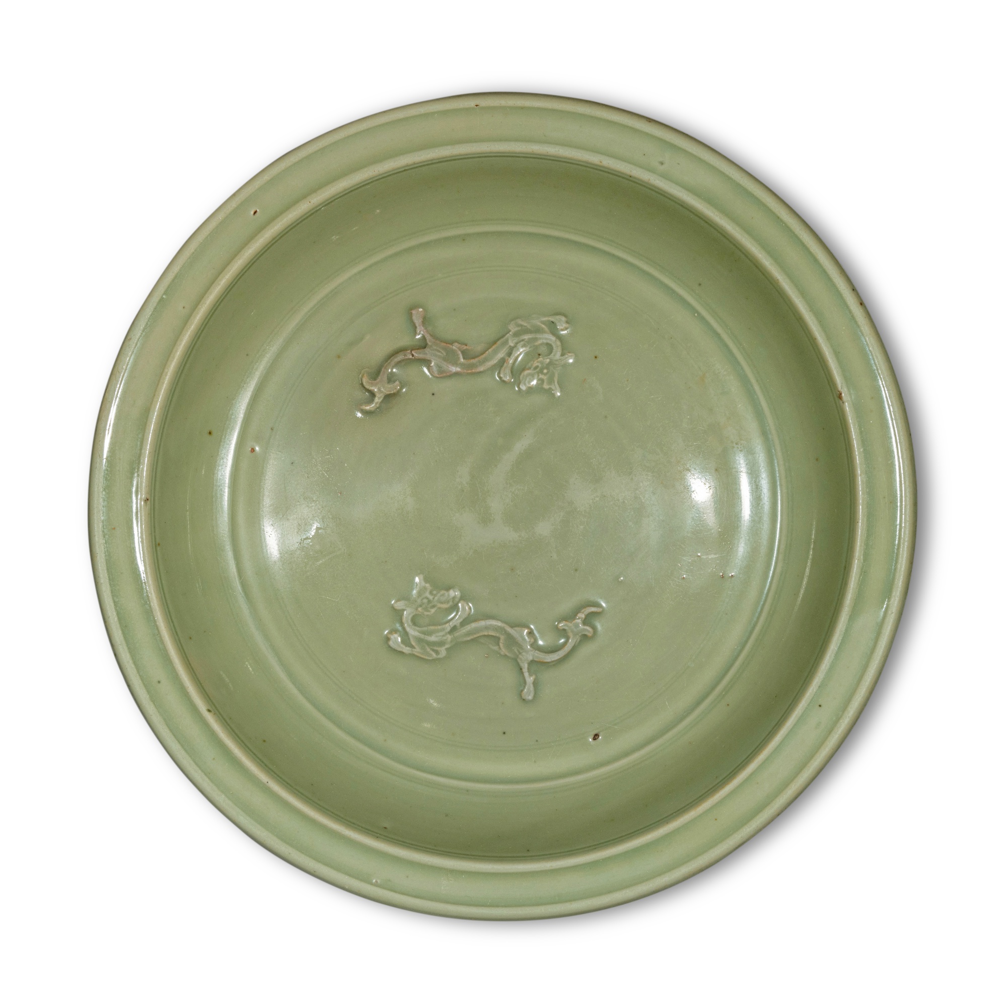 A large molded 'Longquan' celadon-glazed 'chilong' dish, Yuan / Ming ...