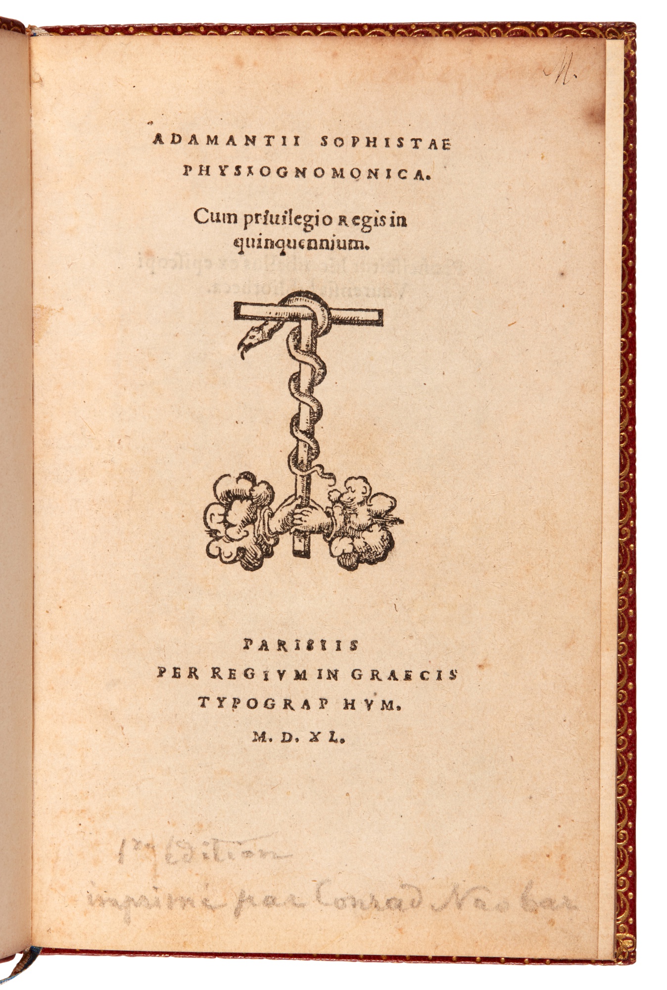 Adamantius, Physiognomonica, Paris, Conrad Neobar, 1540, later red ...