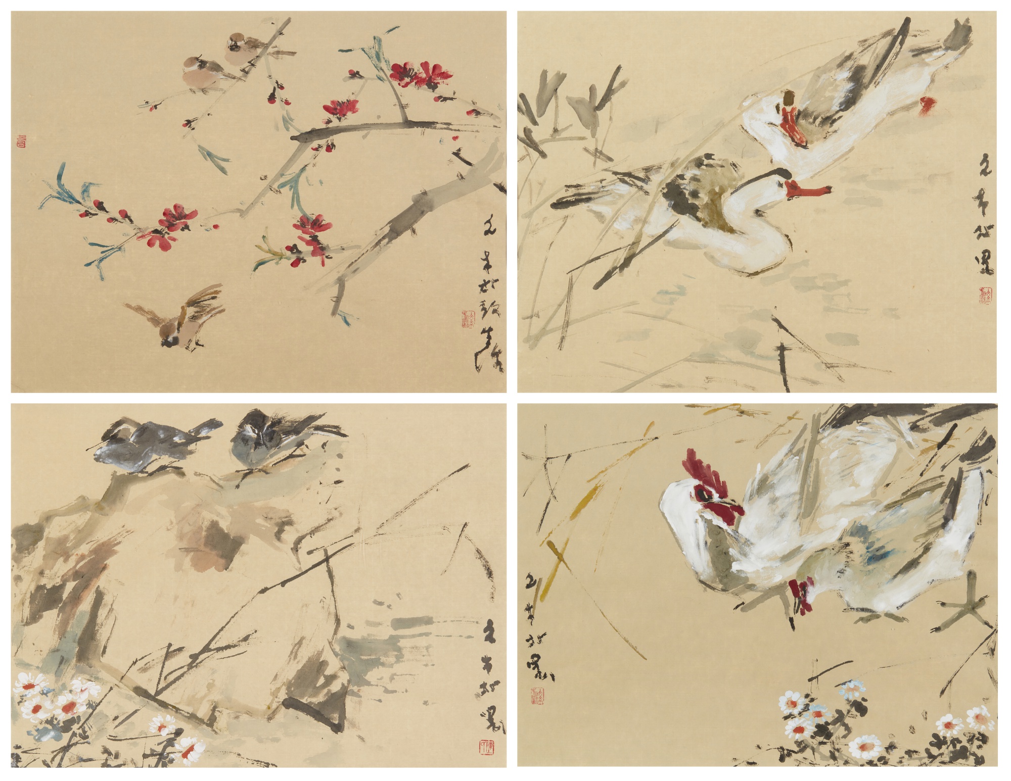 Chen Wen Hsi 陳文希 | i) Sparrows and flowers ii) Ducks iii) Two Birds iv ...