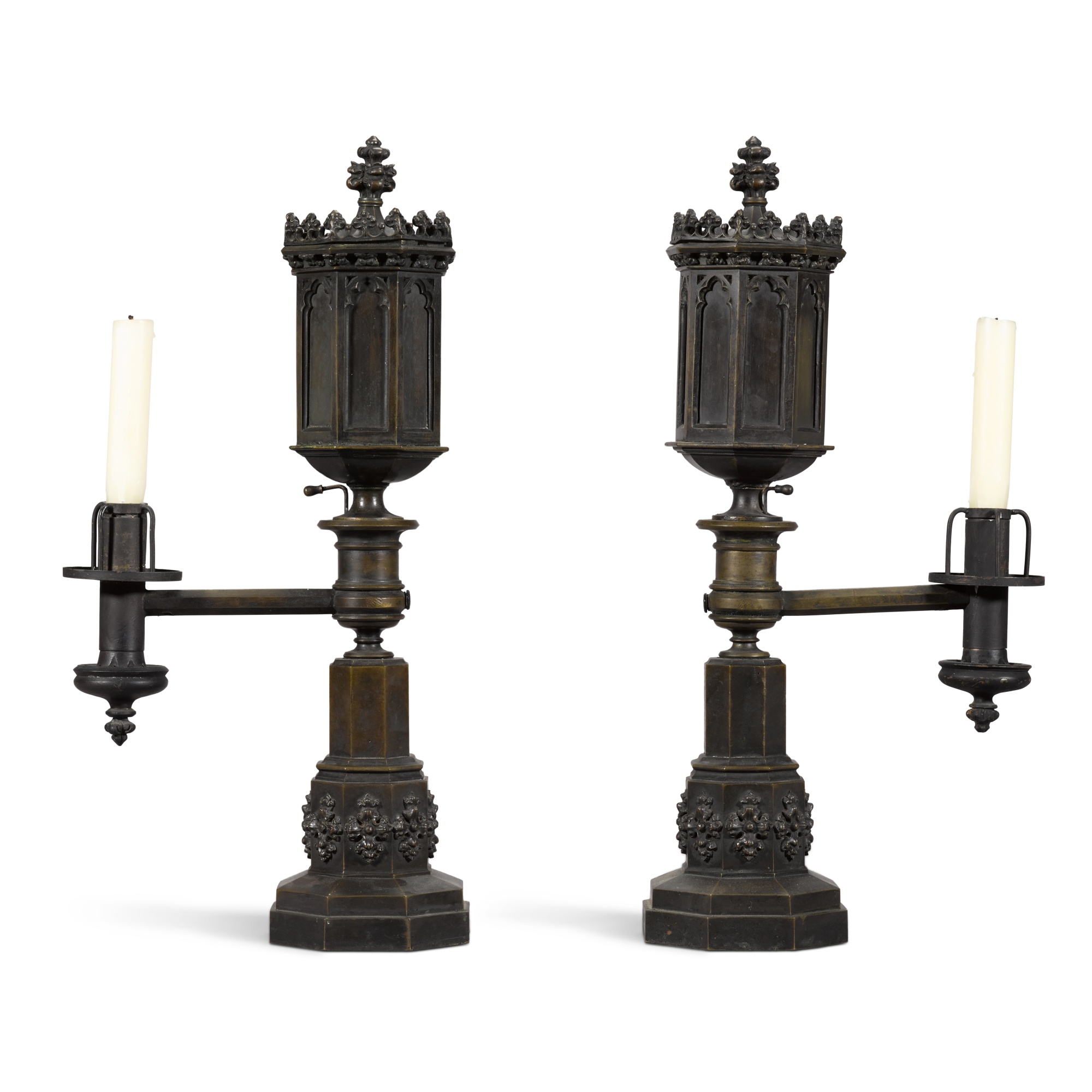 A pair of George IV Gothic revival patinated brass Argand lamps, circa ...