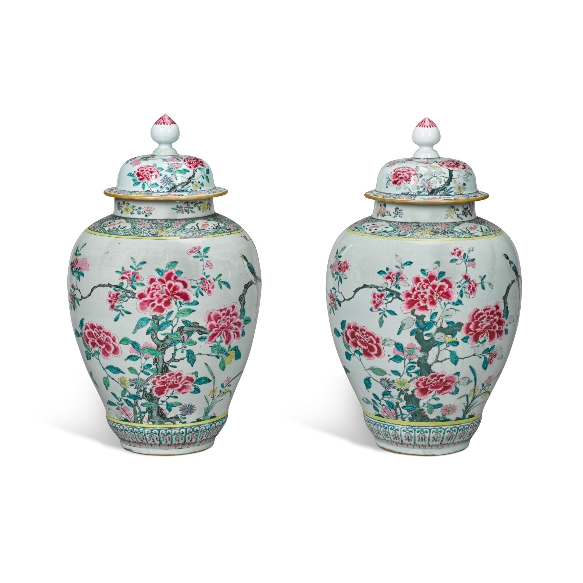 A pair of Chinese export famille-rose vases and covers, Qing dynasty ...