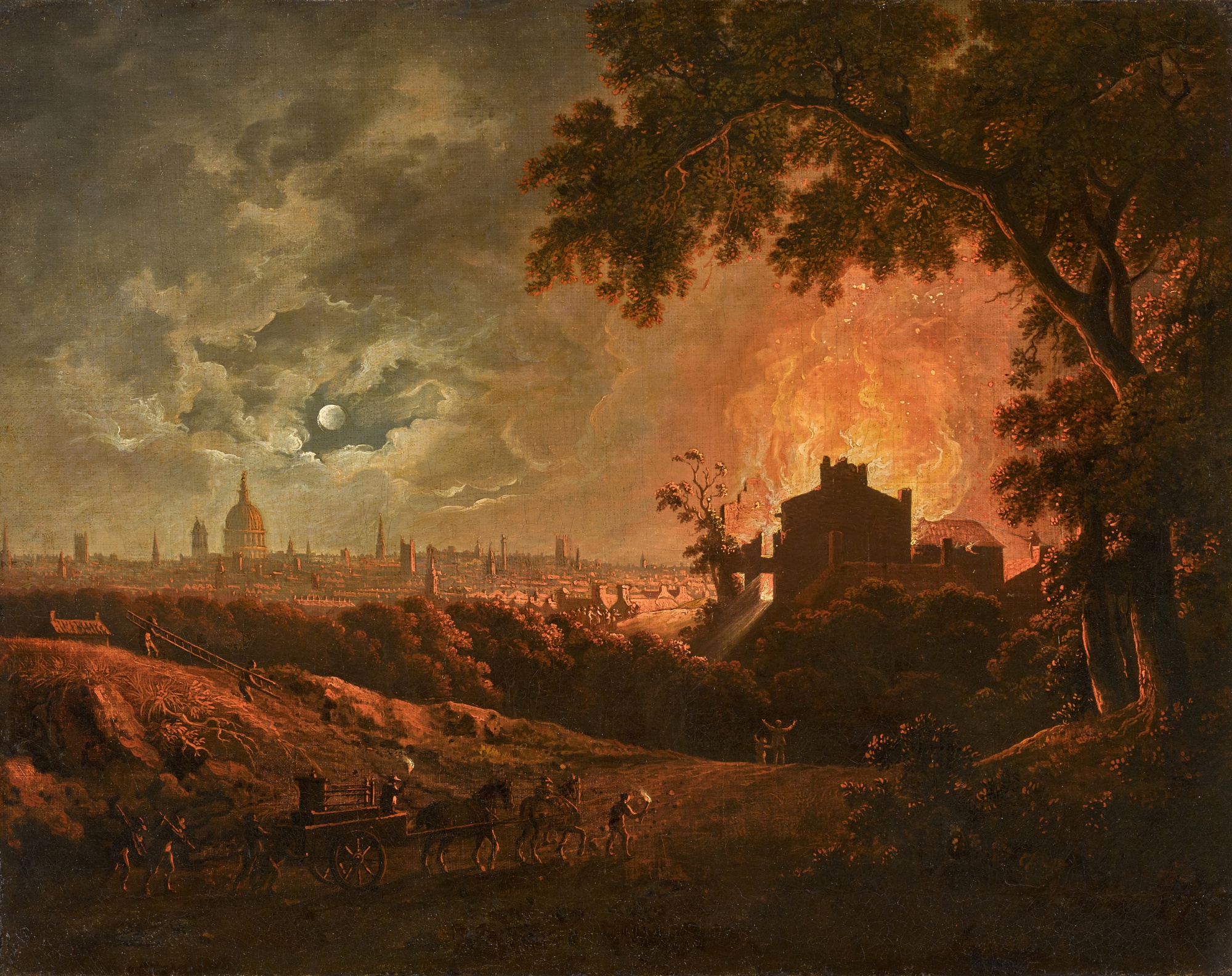 London, a view of St Paul's and the City with a cottage on fire in the ...