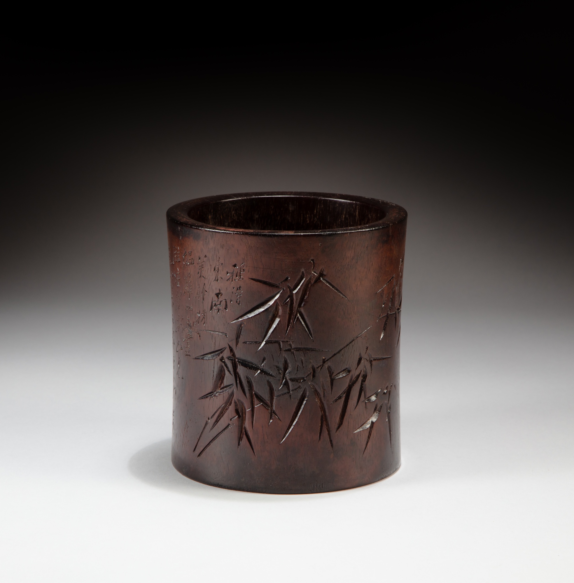 A carved 'zitan' 'bamboo' brushpot, Qing dynasty, 18th century | 清十八世紀 紫檀雕詩文竹紋筆筒 | Asian Arts ...