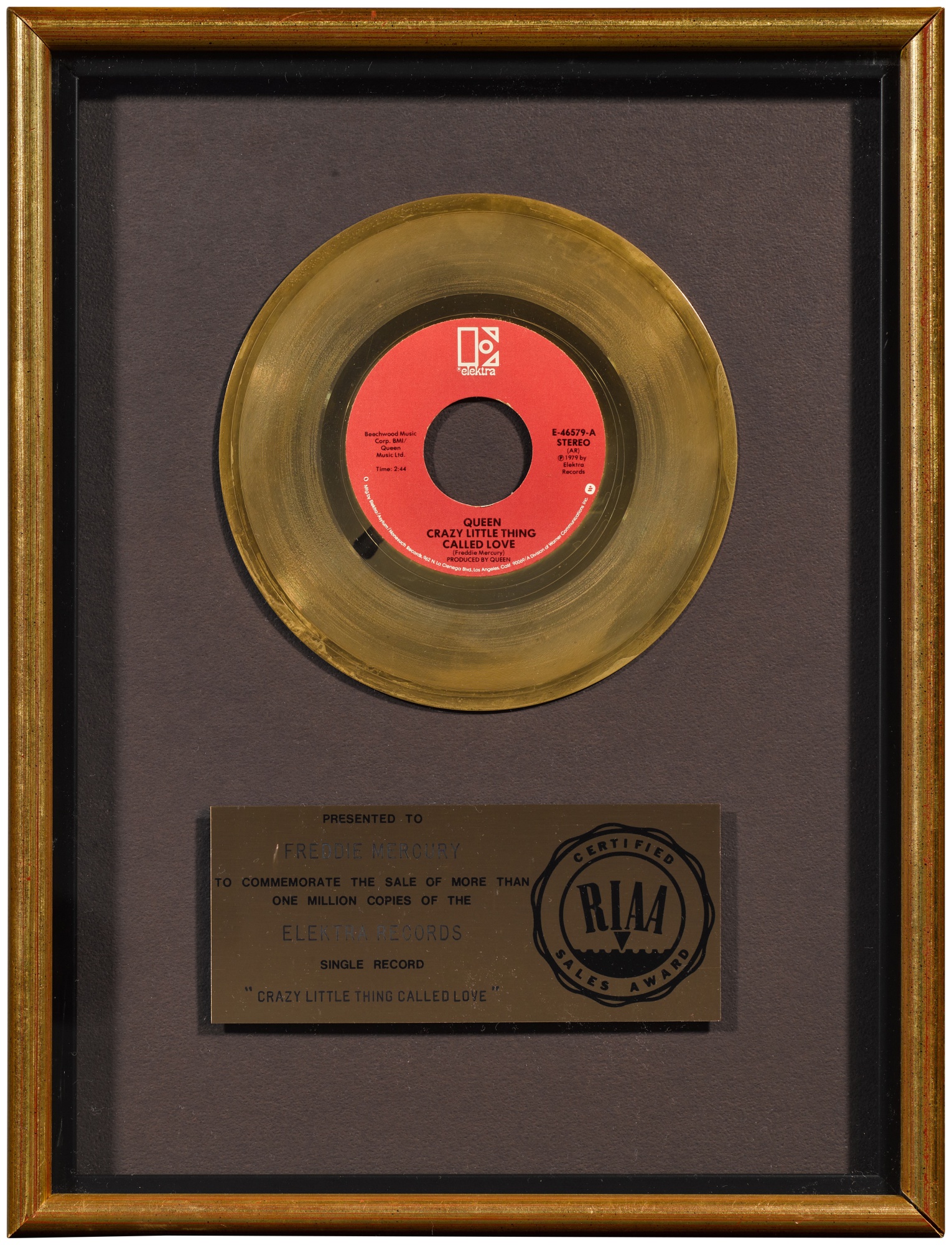 Queen – Freddie Mercury's RIAA sales award for 'Crazy Little Thing ...
