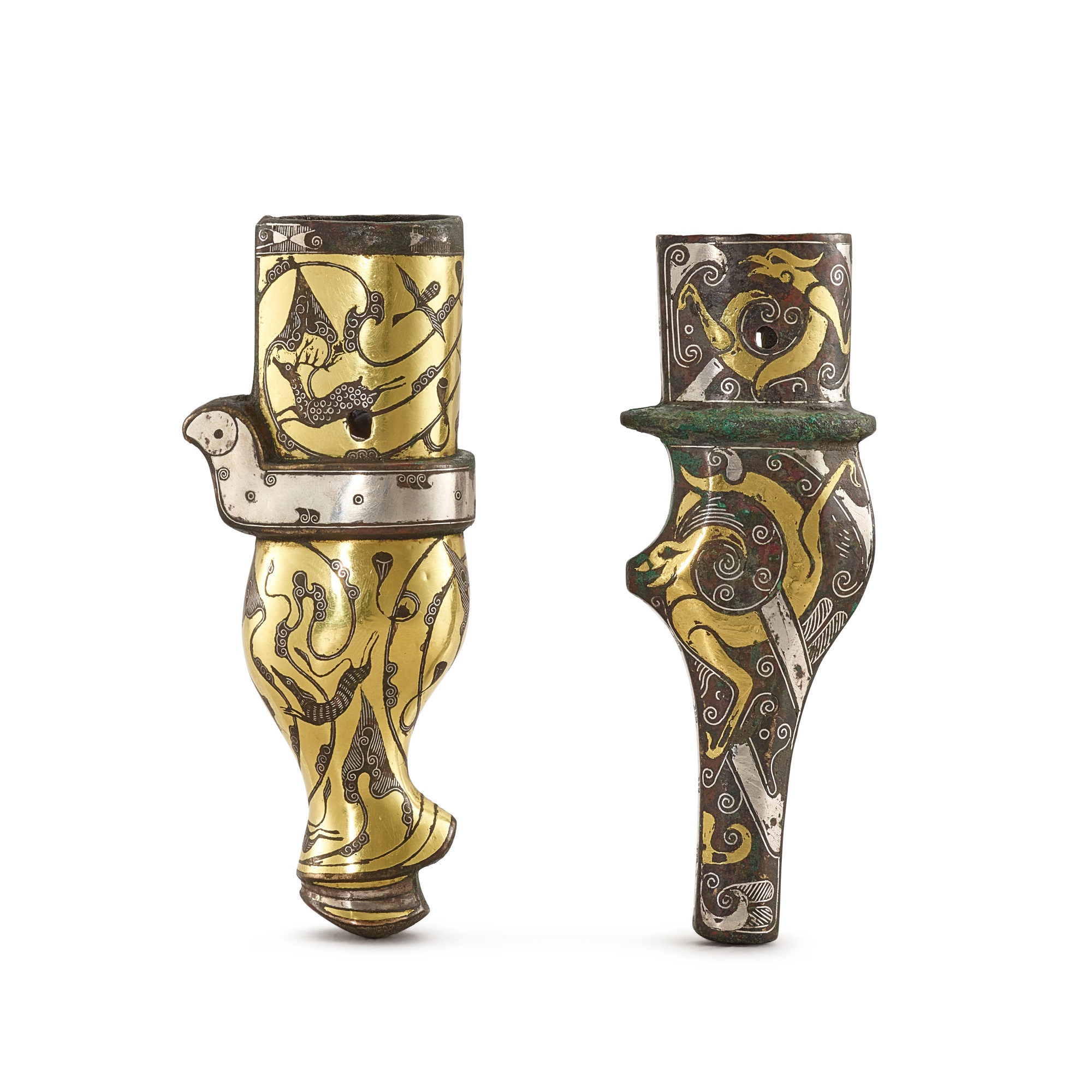 Two gold and silver-inlaid bronze ferrules, Eastern Zhou dynasty ...