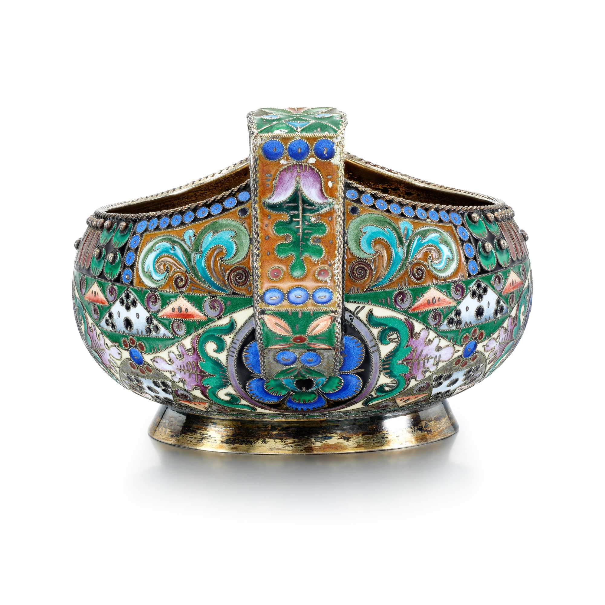 A silver-gilt and cloisonné enamel kovsh, Khlebnikov probably ...
