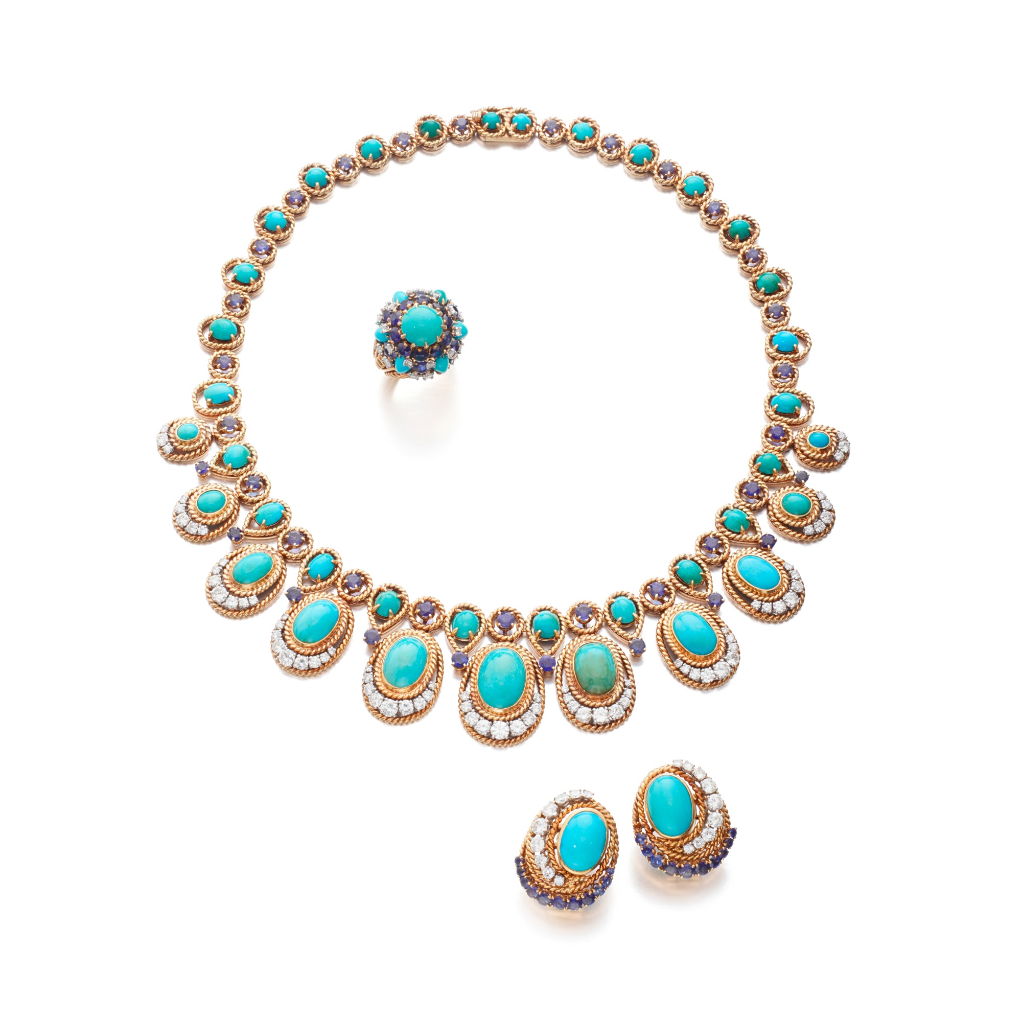 Turquoise, sapphire and diamond demi-parure, circa 1960; and a ring ...