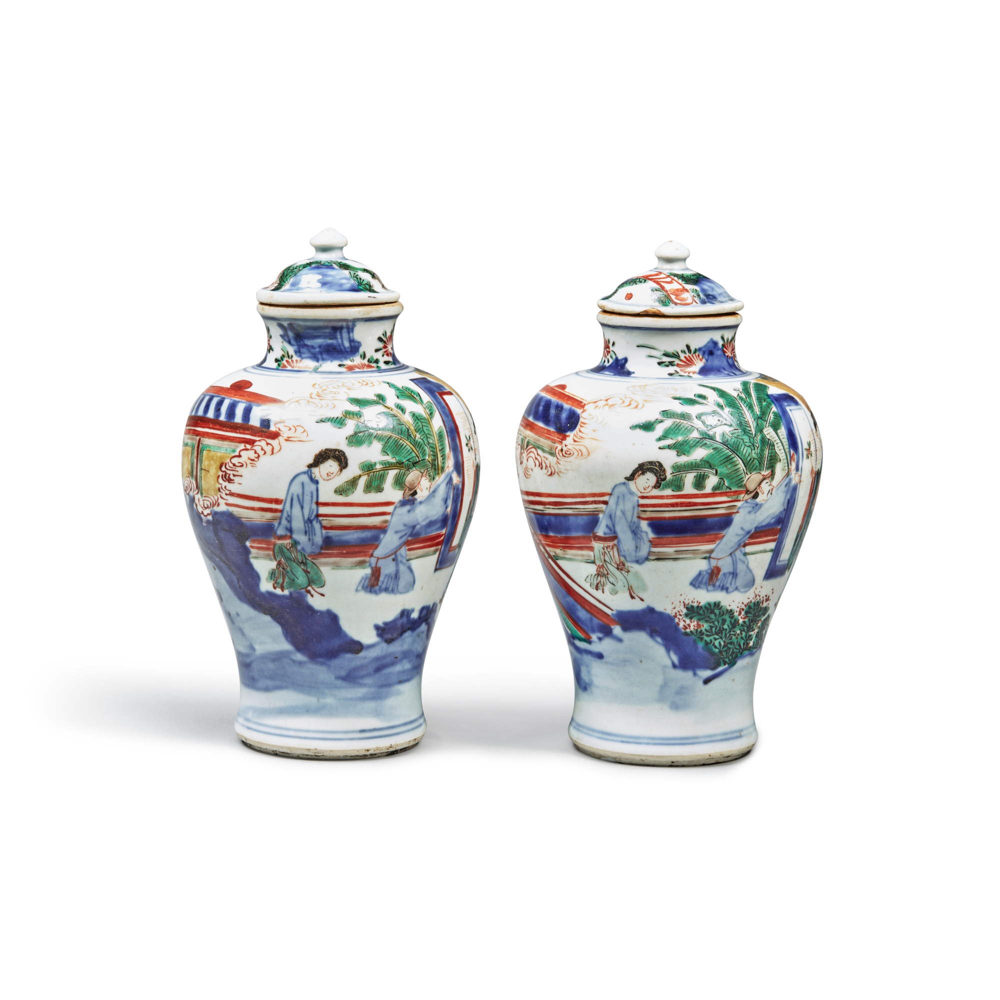 A pair of wucai 'figural' jars and covers, Qing dynasty, Shunzhi ...