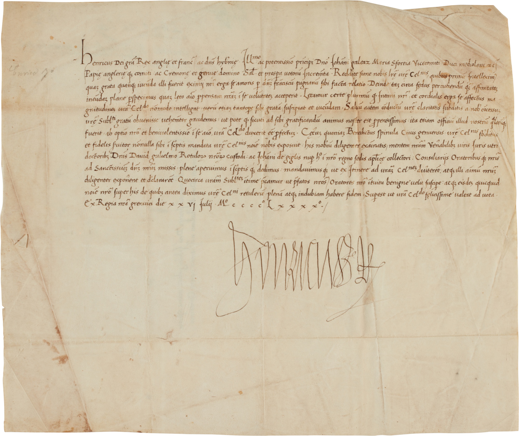King Henry VII | Letter signed, to the Duke of Milan, 26 July 1490 ...