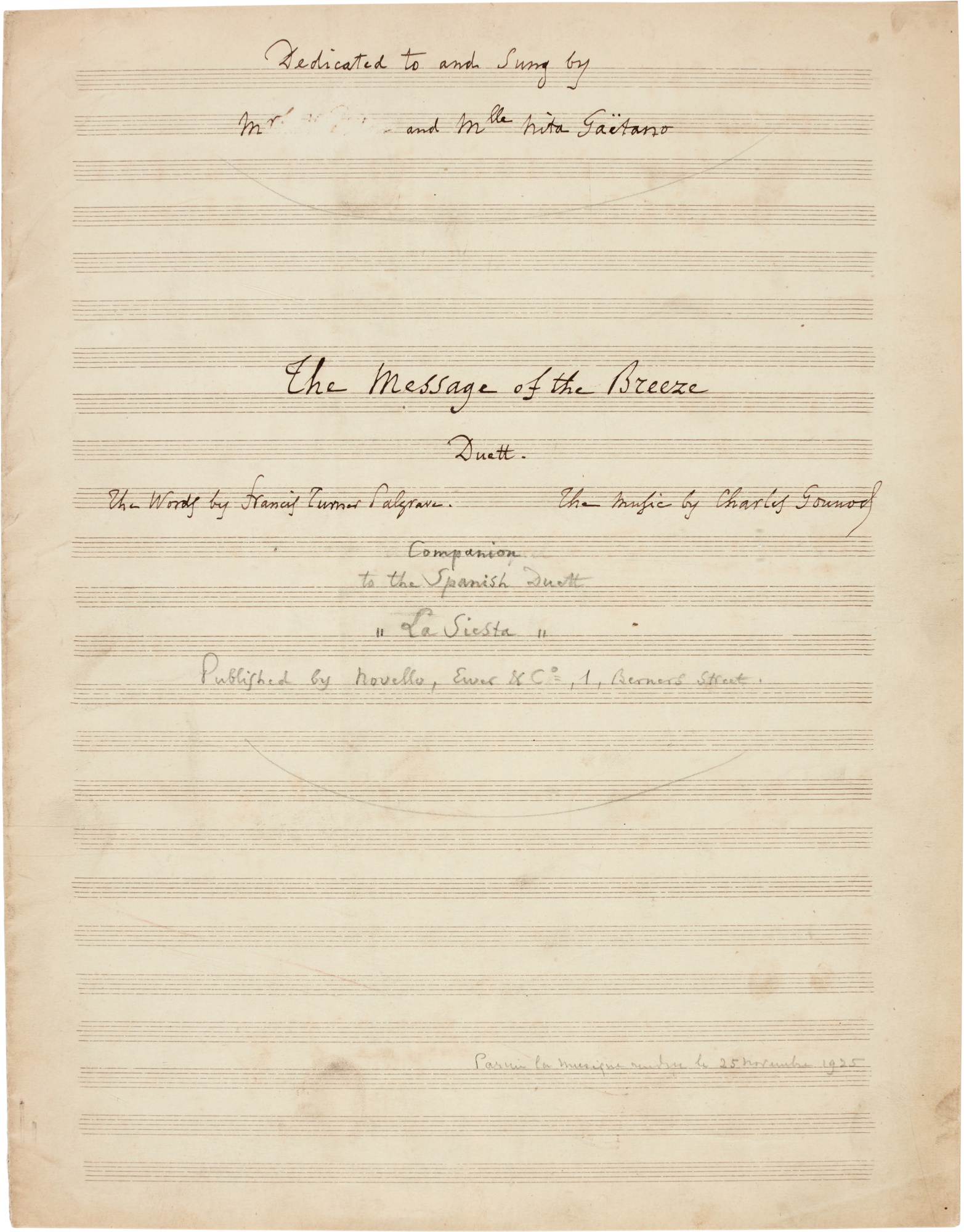 C. Gounod. Autograph manuscript of the duet "The Message of the Breeze ...