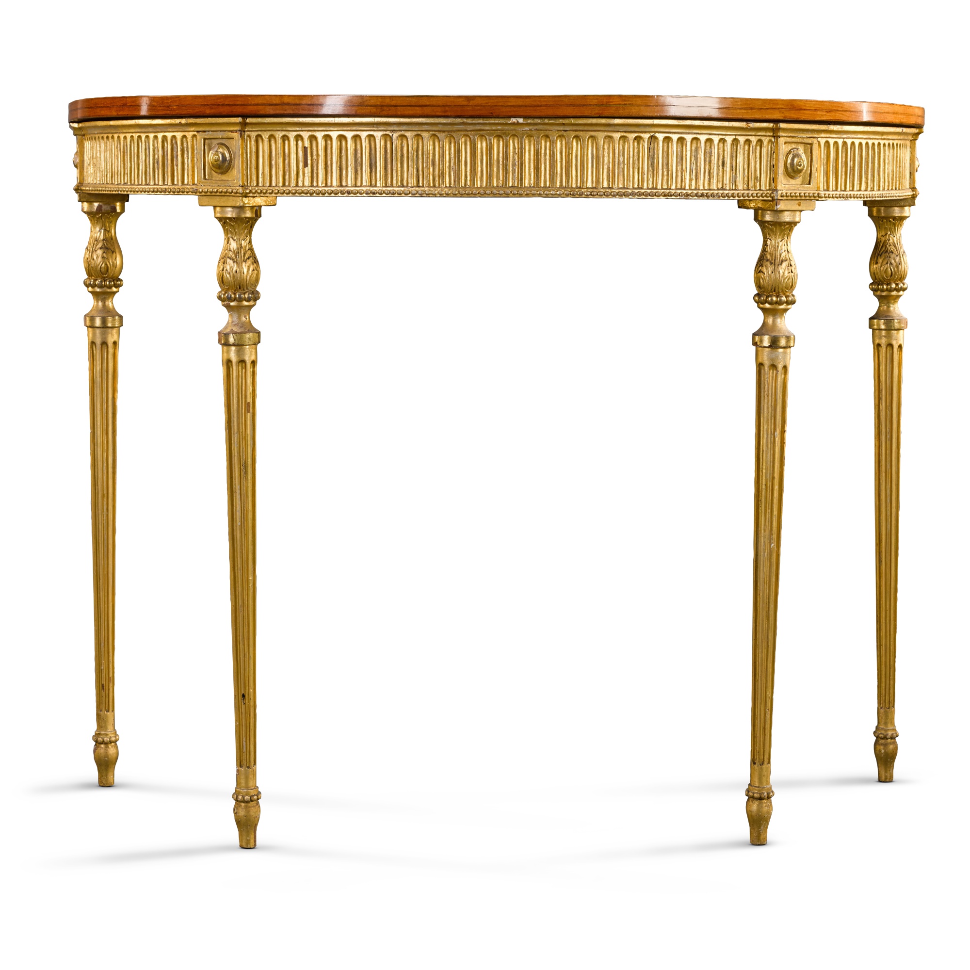 A pair of George III giltwood and marquetry demi-lune pier tables ...