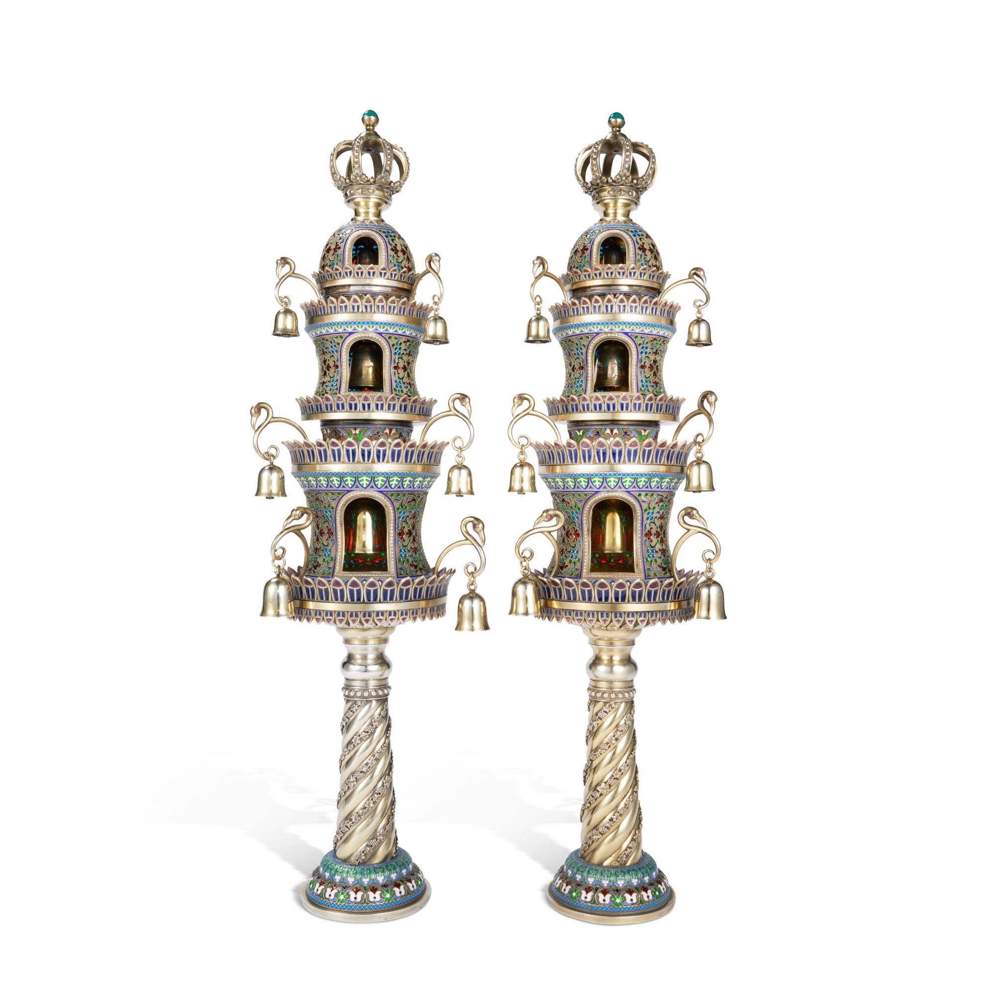 A Pair of Cloisonné and Plique-à-Jour Enamel Torah Finials, 20th ...