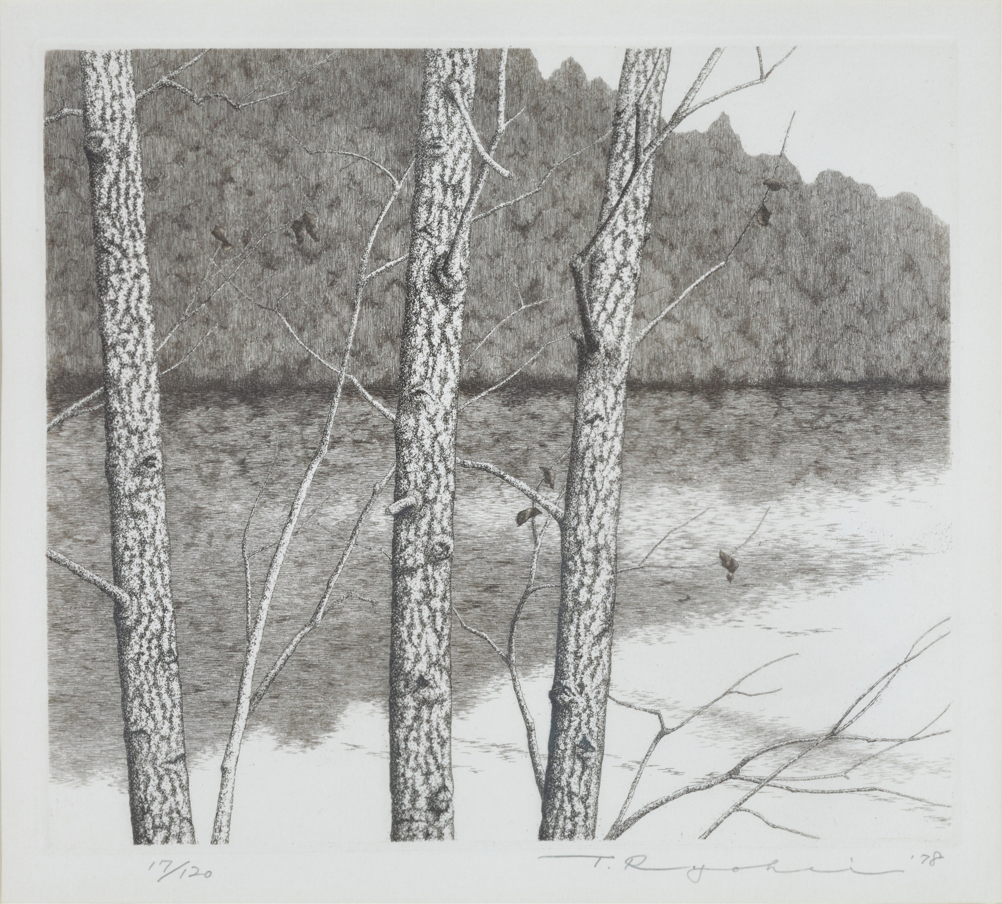 A modern etching of trees by a river, signed and dated 1978, and ...