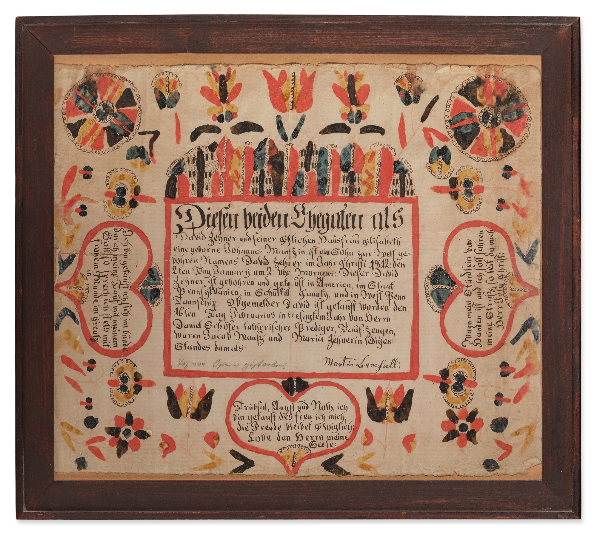 Fraktur Birth and Baptismal Certificate of David Zehner, Martin ...