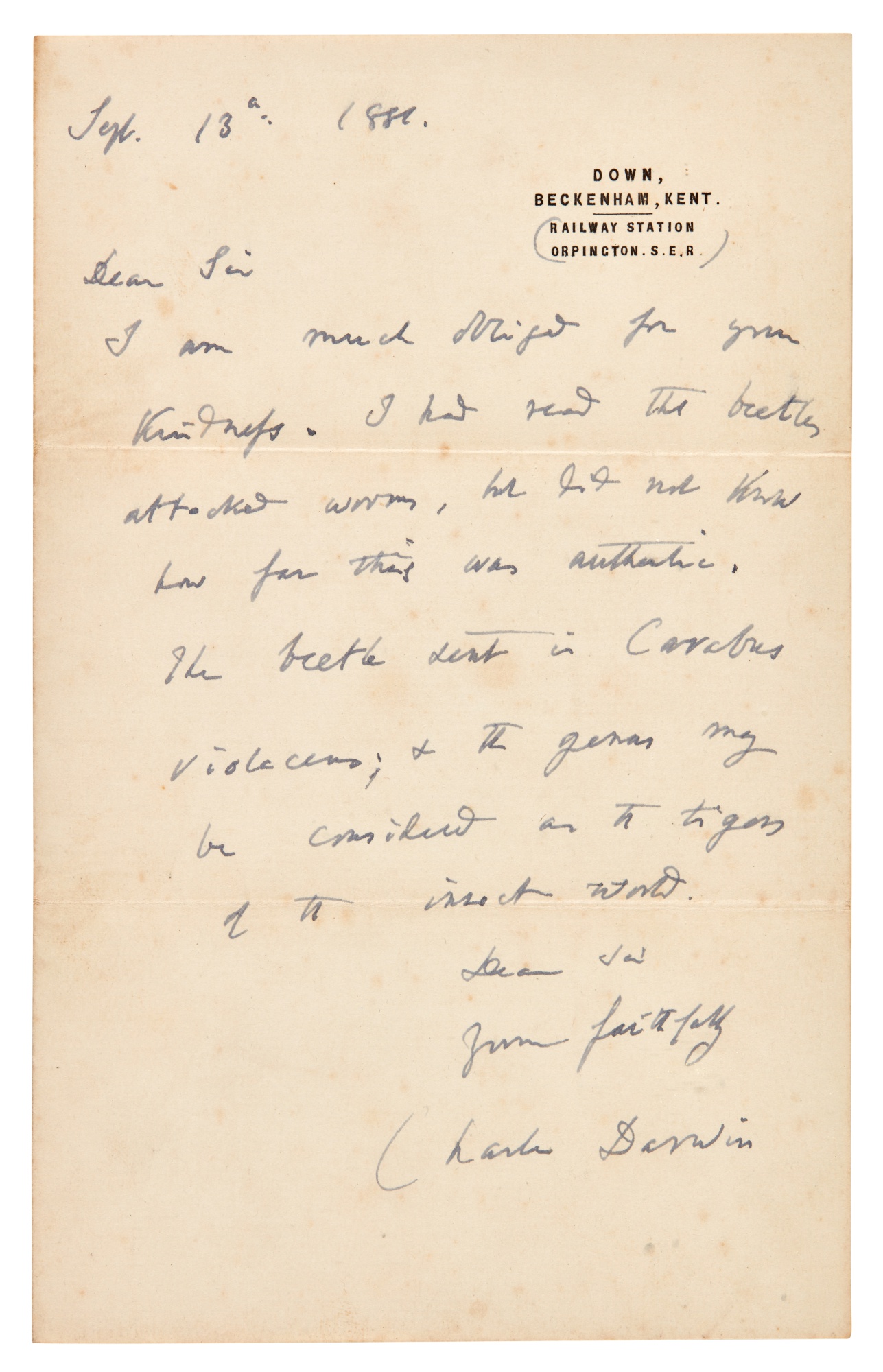 Charles Darwin | Autograph letter signed, to John Harmer, on ...