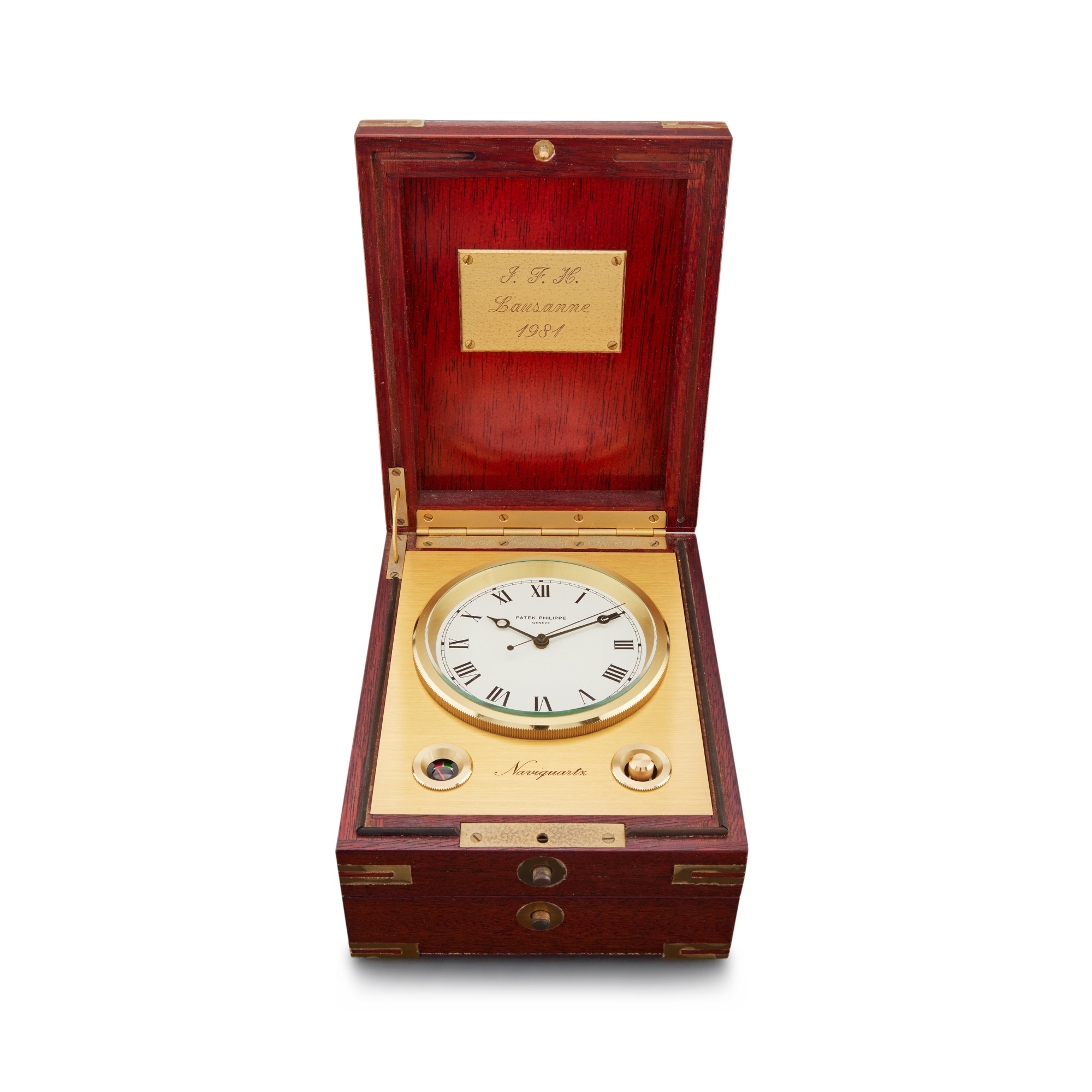 Reference 1215 Naviquartz | A gilt brass table clock with wooden box ...