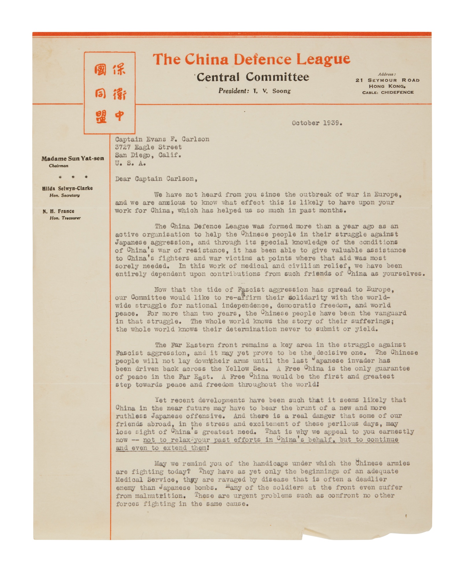 Soong Ching-ling, Madame Sun Yat-sen, Autograph letter to Evans Carlson ...